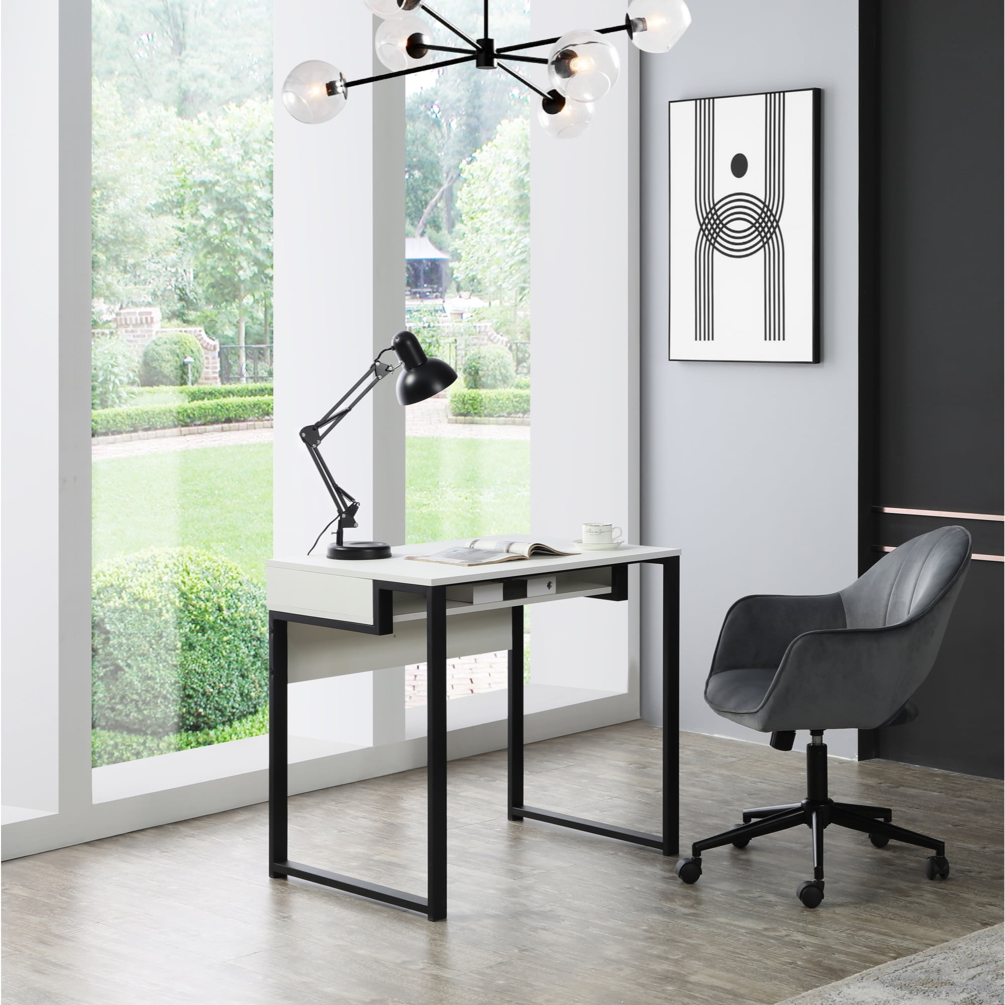 Arely Rectangular MDF Desk with Front and Back Storage, White/Black ...