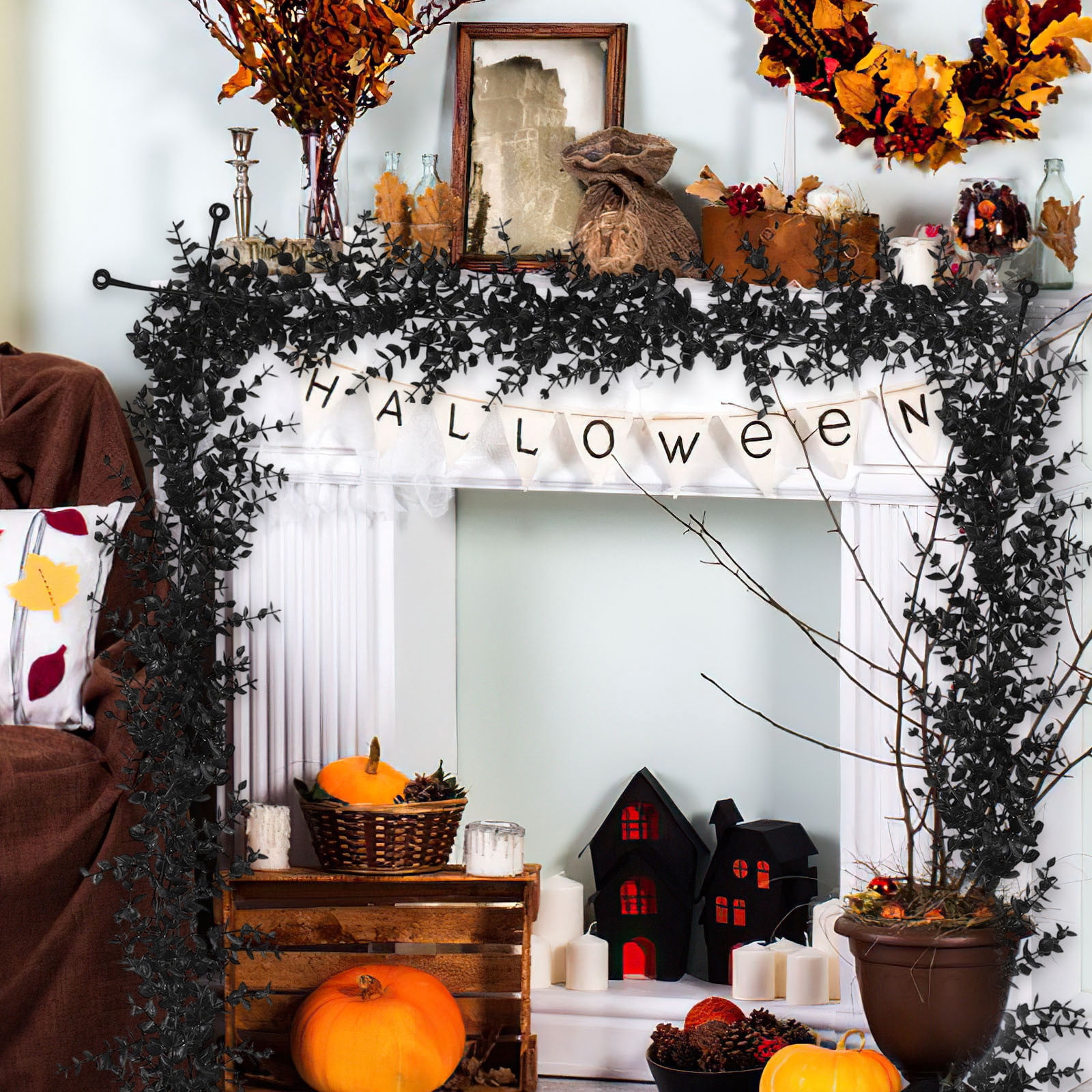 Arghm Halloween Black Leaves Garland - 70.08IN Spooky Floral Garland ...