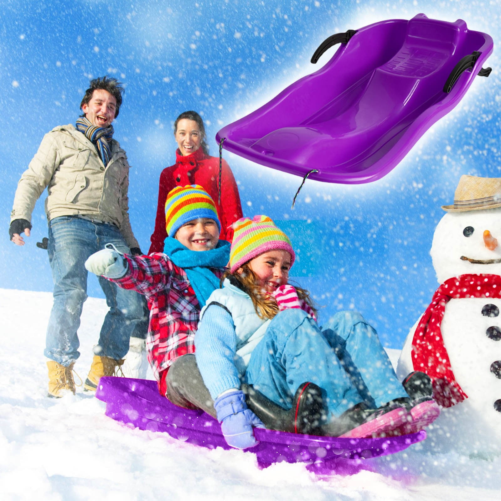 Arghm Heavy Duty Snow Sledge for Kids & Adults, Sturdy Plastic Sled ...