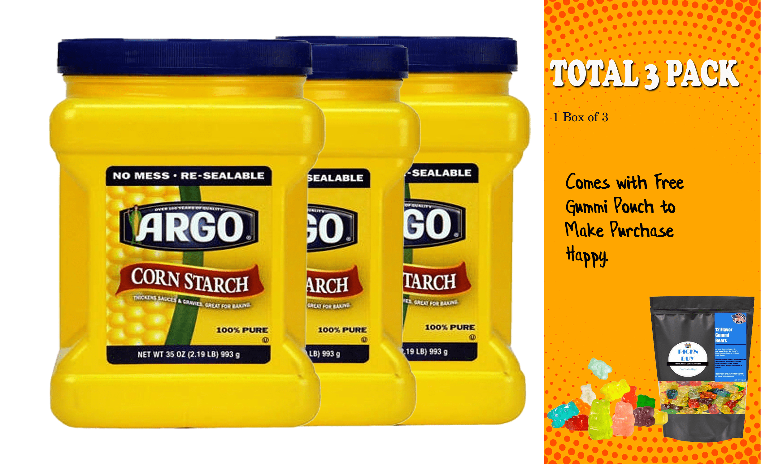 Argo Corn Starch, 35 oz. 3PK, Free PICKN BUY Gummies - Walmart.com