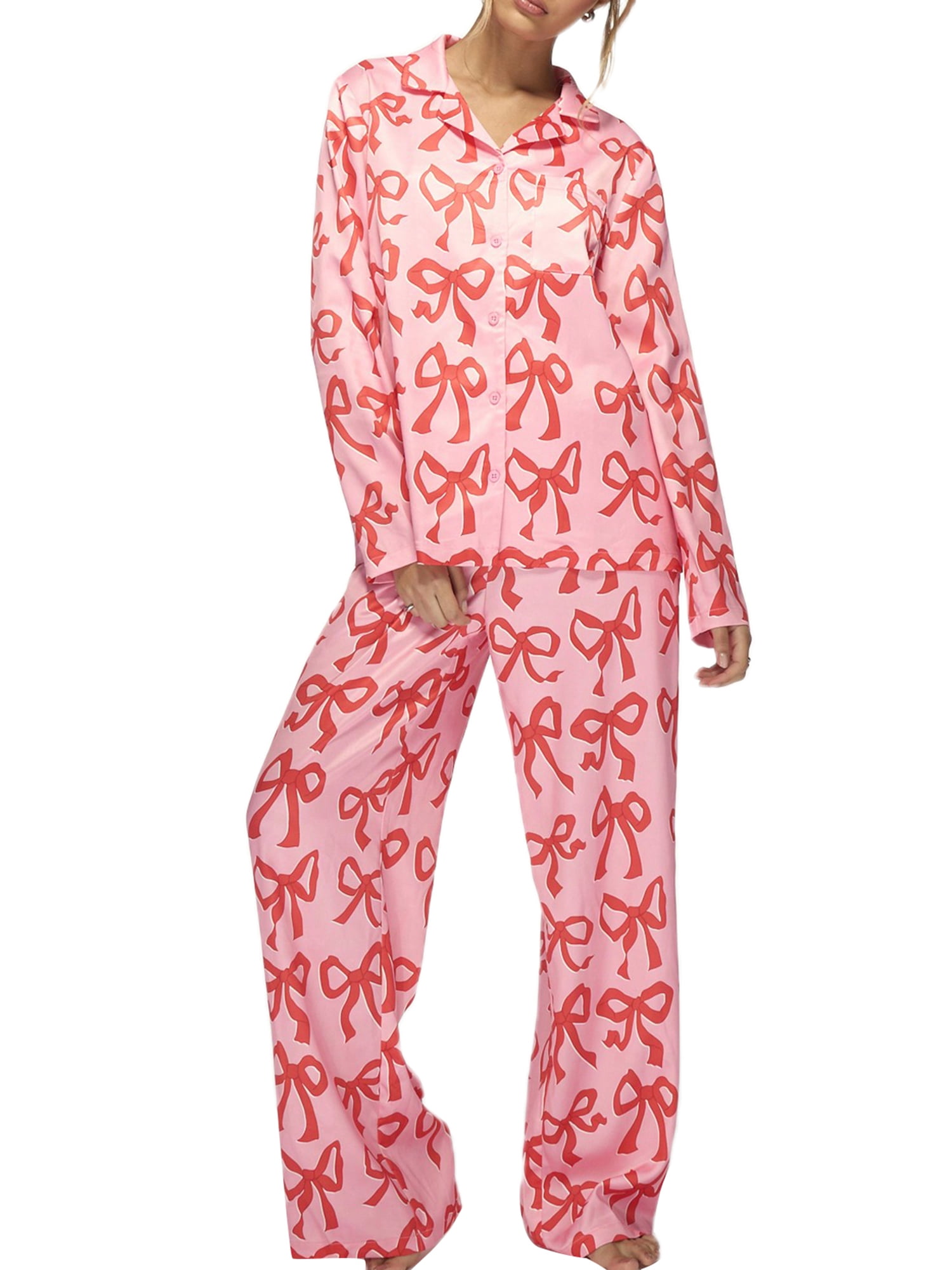 Argulvti Women Pajama Set, Bow Print Long Sleeve Button-down Shirt with ...