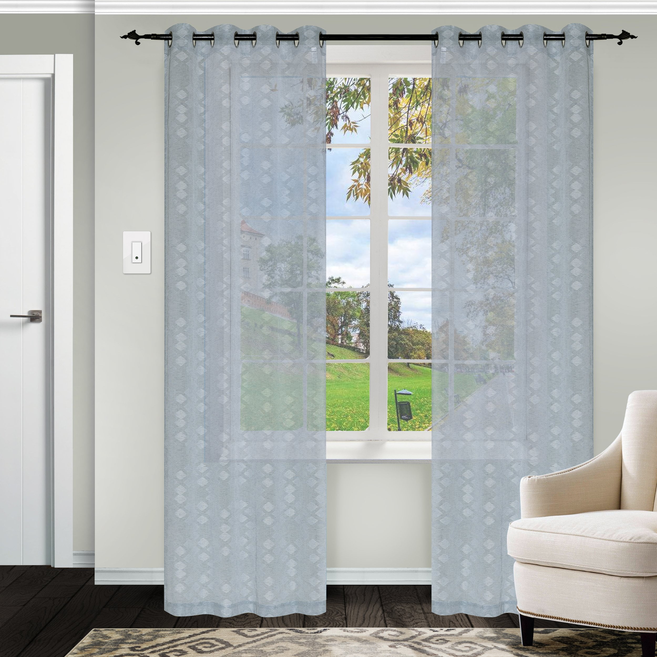 Argyle Geometric Embroidered Soft Diffused Light Airy Lightweight Sheer ...