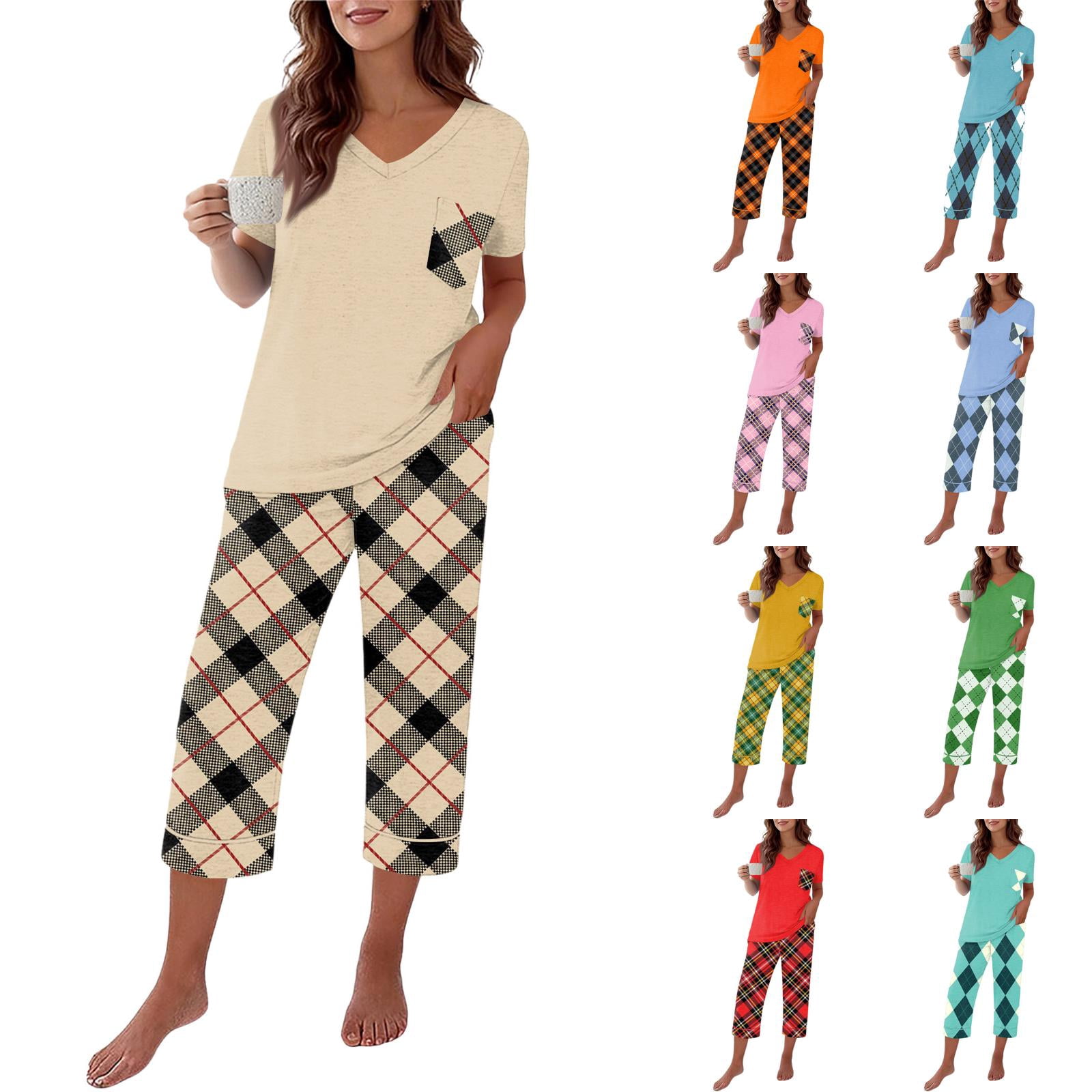 Argyle Plaid Lounge Set for Women, V-Neck Short Sleeve Pajama Top with ...