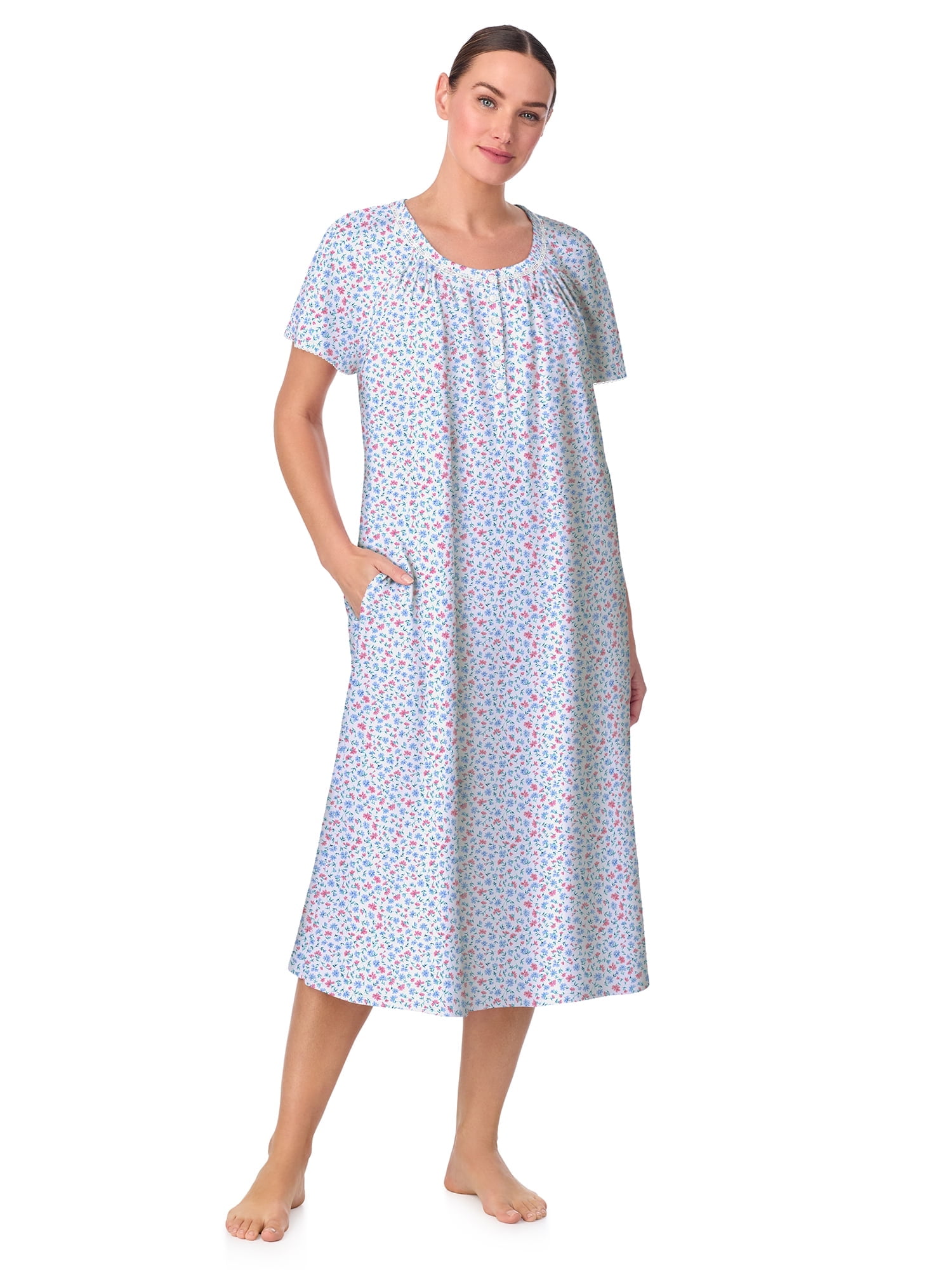 Aria Women's 100% Cotton Raglan Sleeve Smocked Neck Sleepwear 46" Gown ...