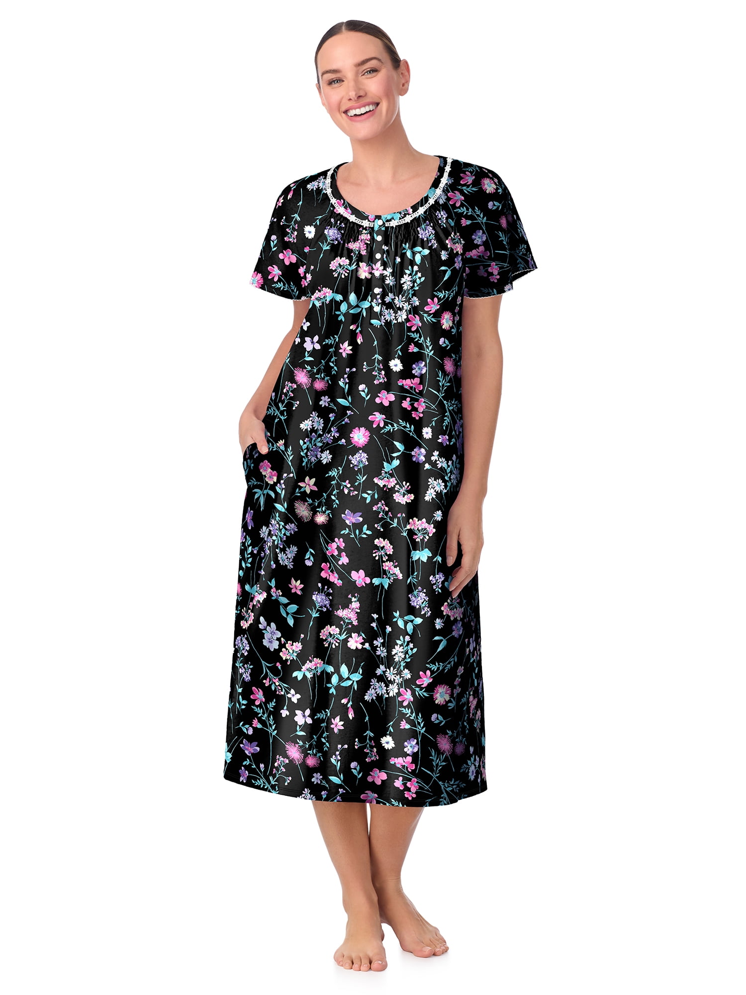 Aria Women's 100% Cotton Raglan Sleeve Smocked Neck Sleepwear 46" Gown ...