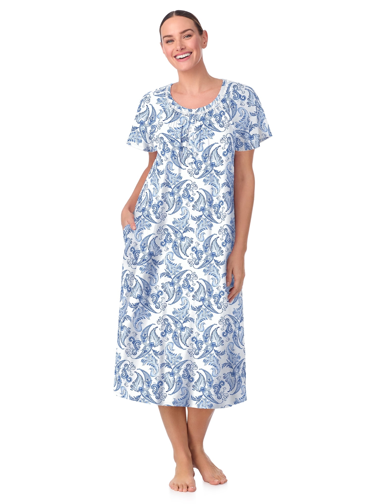 Aria Women's 100% Cotton Raglan Sleeve Smocked Neck Sleepwear 46" Gown ...