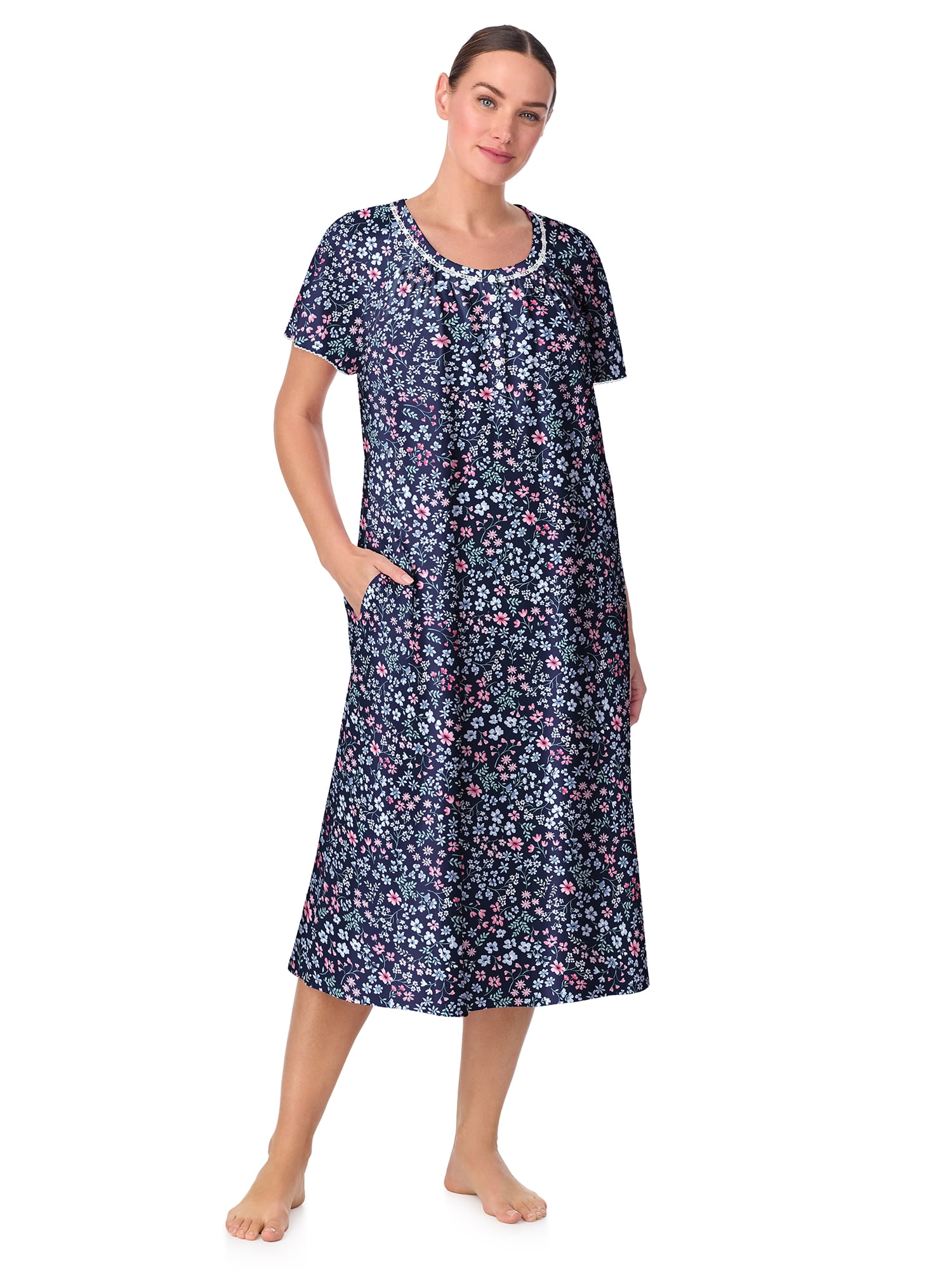 Aria Women's 100% Cotton Raglan Sleeve Smocked Neck Sleepwear 46" Gown, Sizes XS-5X - Walmart.com