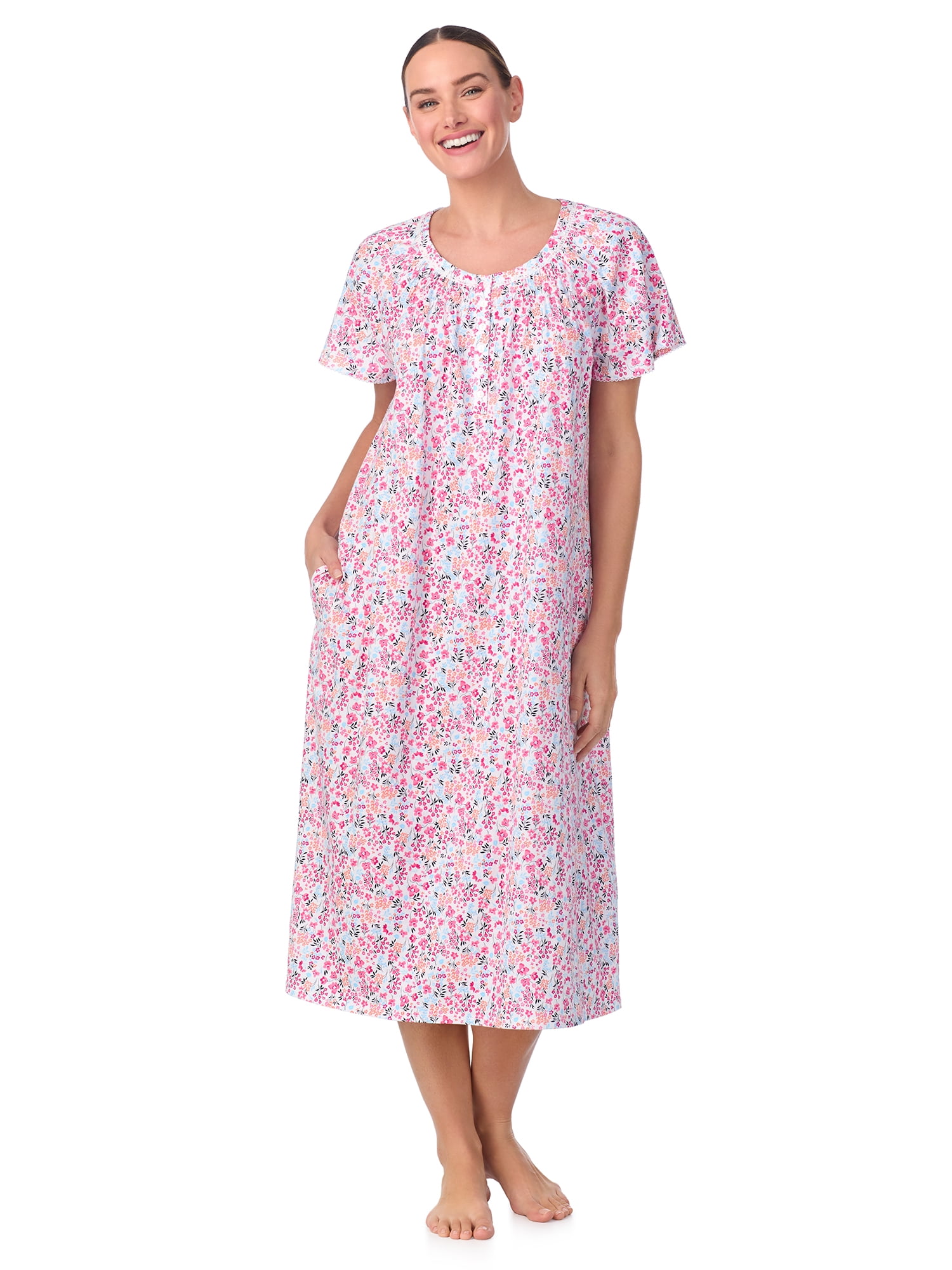 Aria Women's 100% Cotton Raglan Sleeve Smocked Neck Sleepwear 46" Gown ...