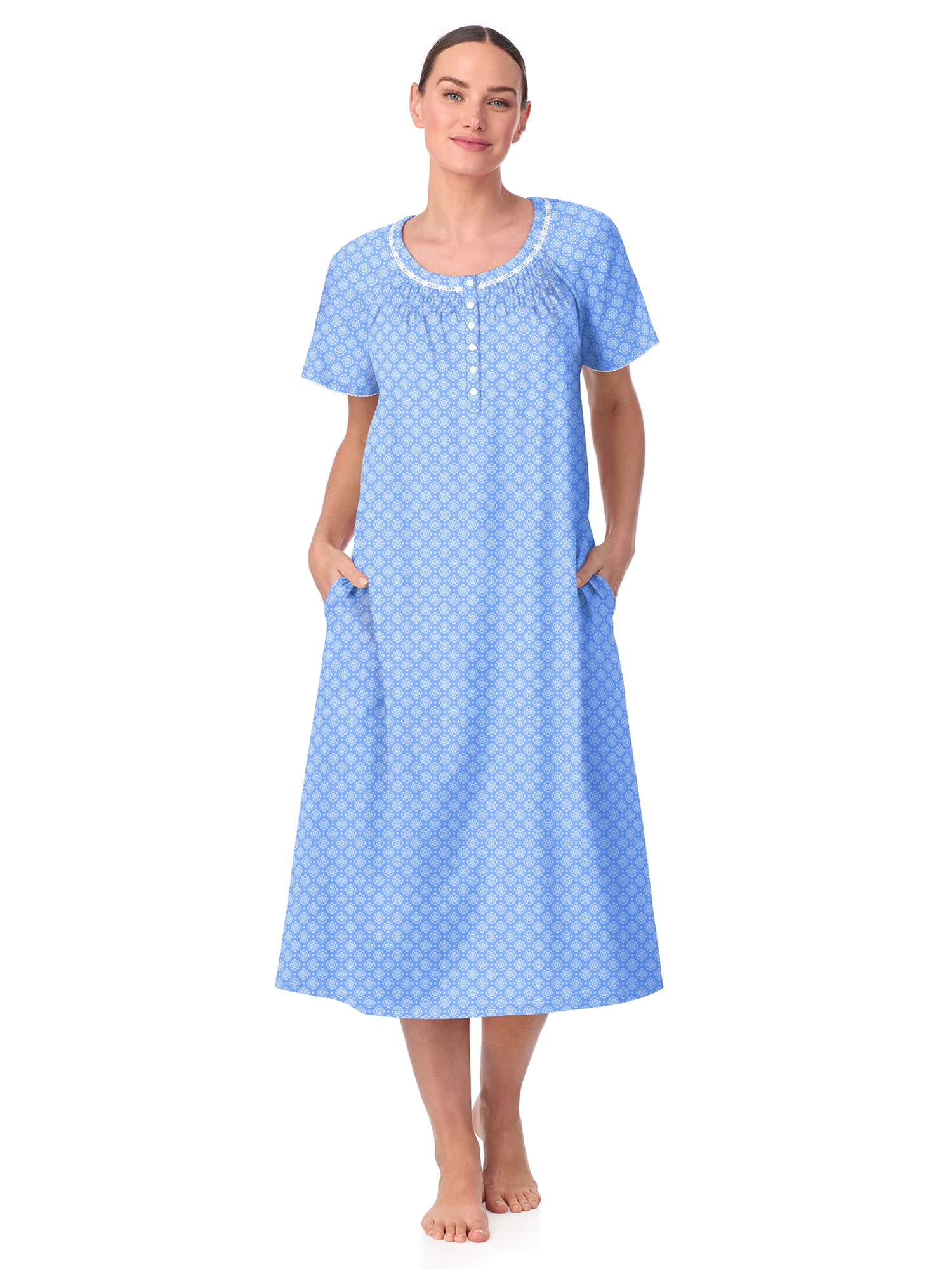 Aria Women's 100% Cotton Raglan Sleeve Smocked Neck Sleepwear 46" Gown ...
