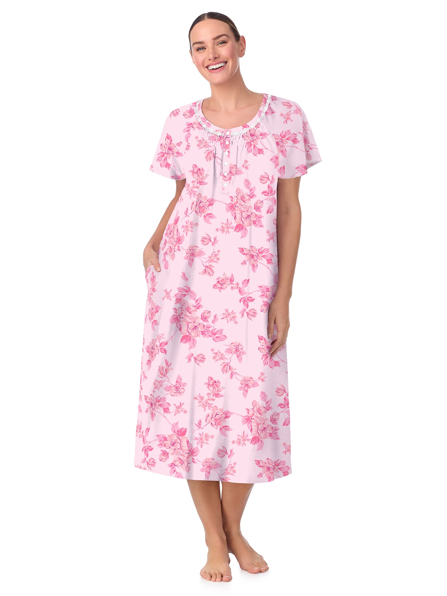 Aria Women's 100% Cotton Raglan Sleeve Smocked Neck Sleepwear 46" Gown ...