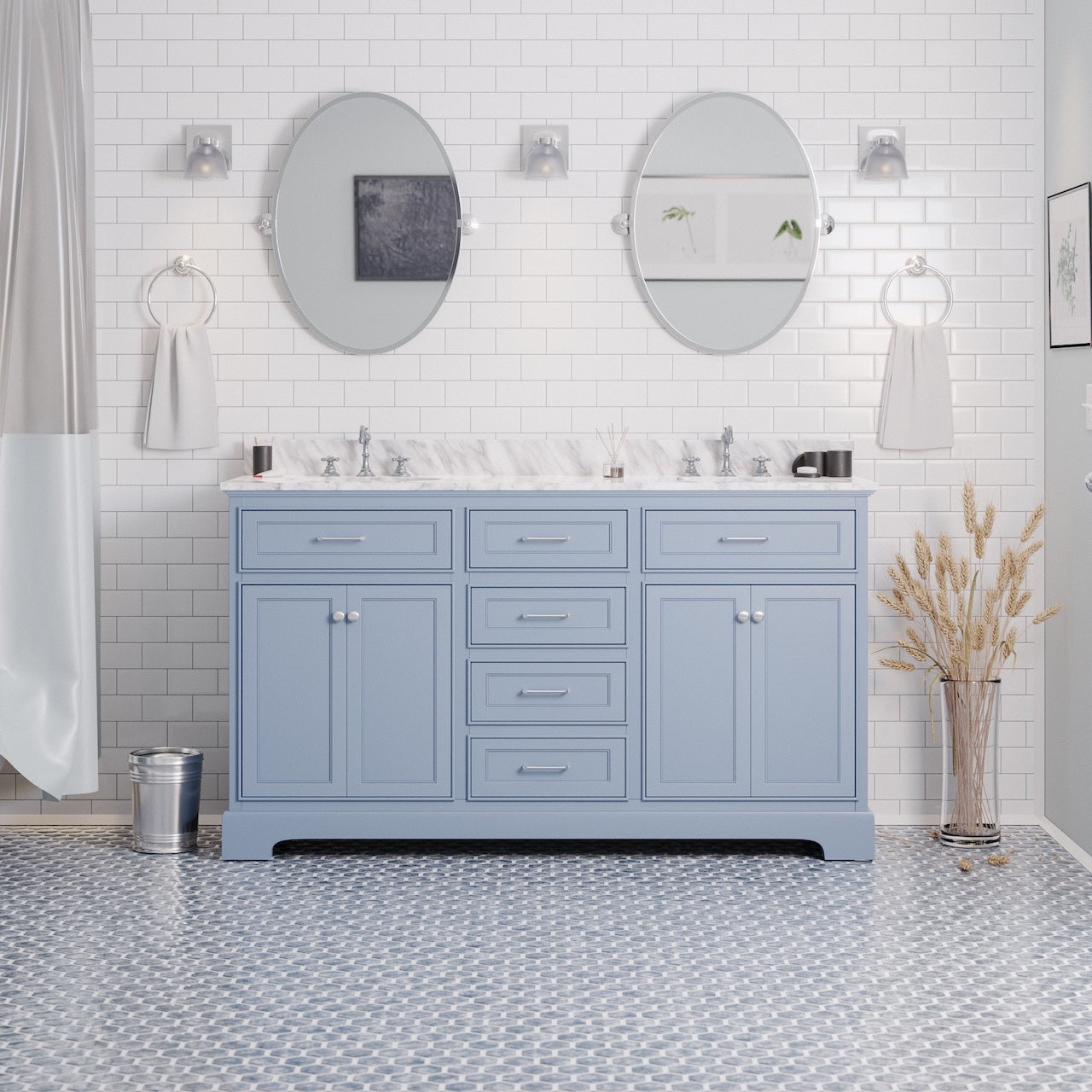 Aria 60" Double Bathroom Vanity with Powder Blue Cabinet and Carrara ...