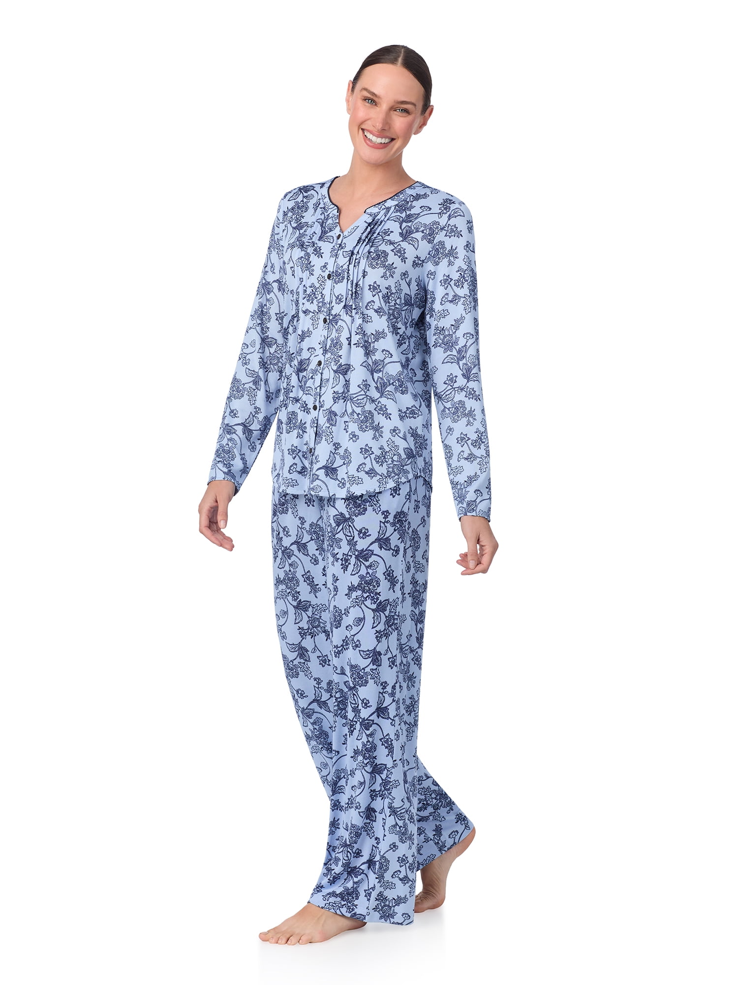 Aria Brushed Jersey Knit Long Sleeve Split Neck Pajama Set with Pockets ...