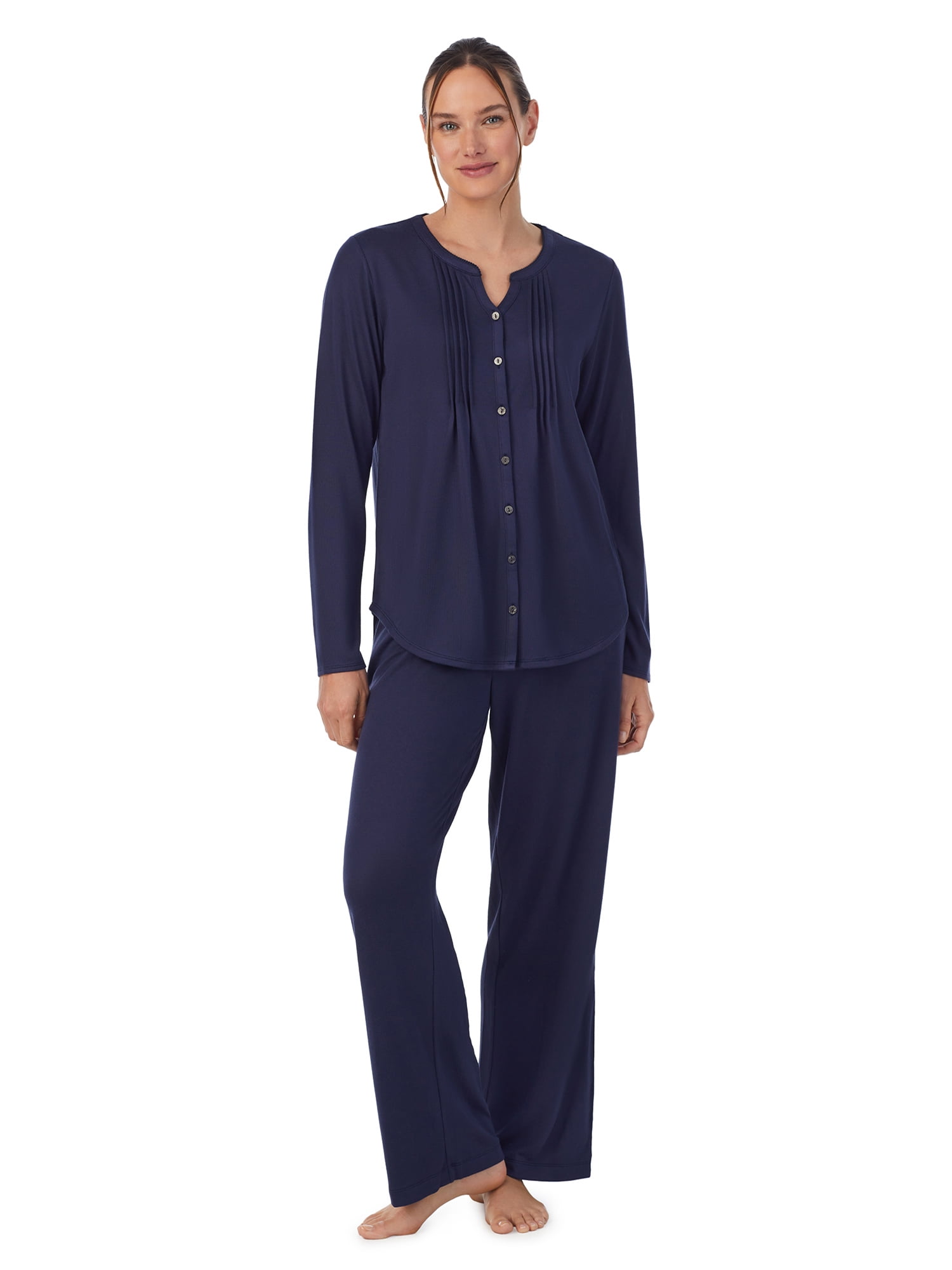 Aria Brushed Jersey Knit Long Sleeve Split Neck Pajama Set with Pockets ...