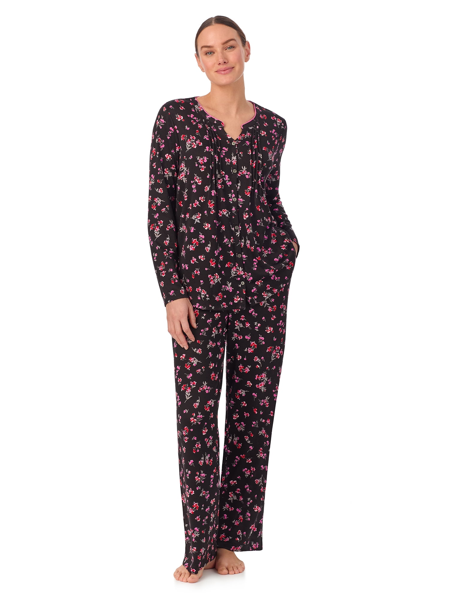 Aria Brushed Jersey Knit Long Sleeve Split Neck Pajama Set with Pockets ...