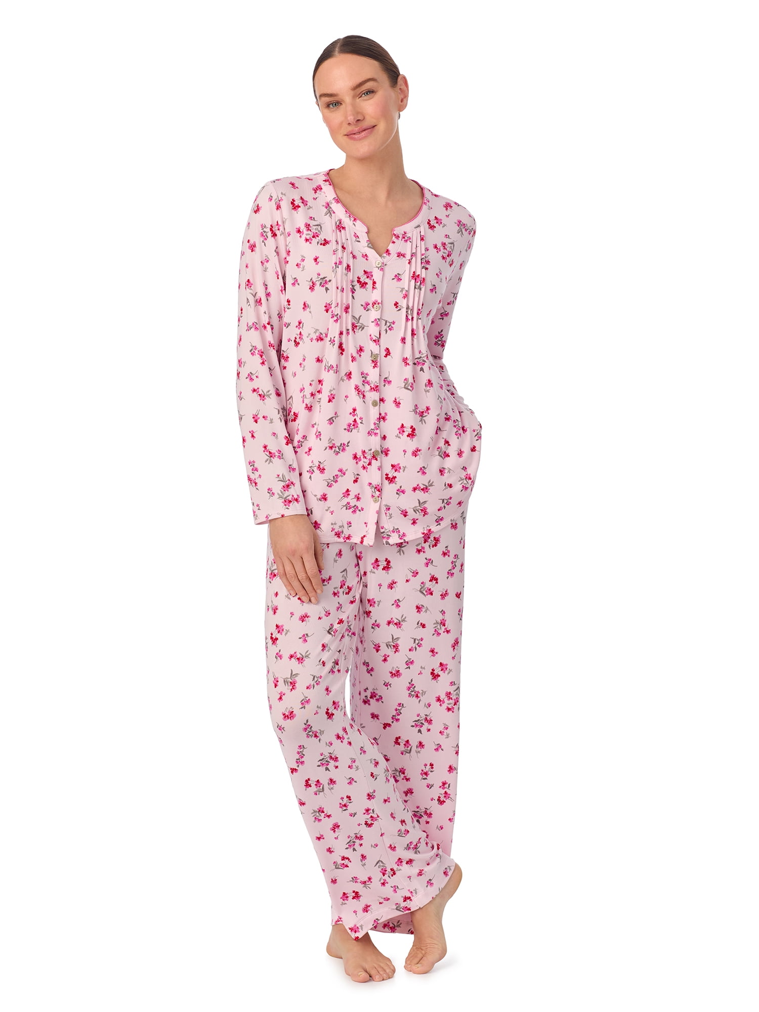 Aria Brushed Jersey Knit Long Sleeve Split Neck Pajama Set with Pockets ...