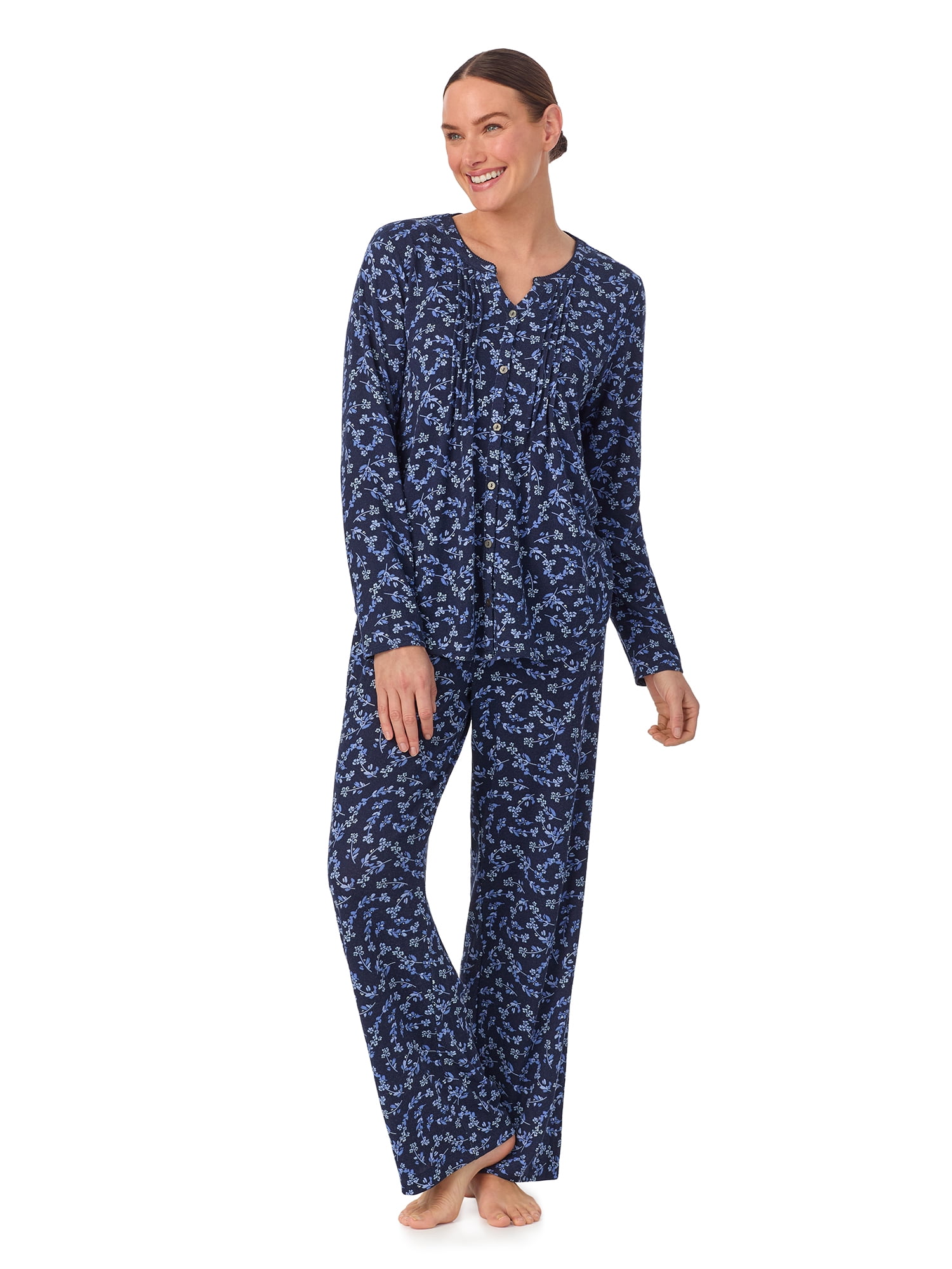 Aria Brushed Jersey Knit Long Sleeve Split Neck Pajama Set with Pockets ...