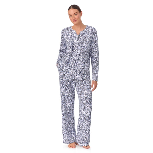 Aria Brushed Jersey Knit Long Sleeve Split Neck Pajama Set with Pockets ...