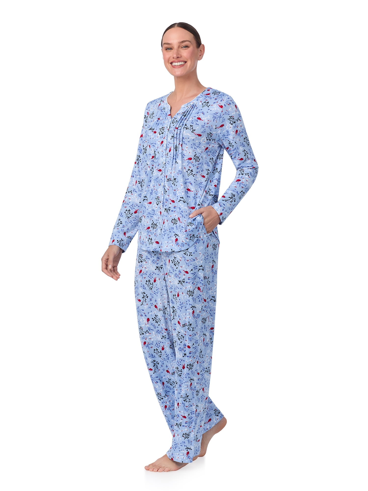 Aria Brushed Jersey Knit Long Sleeve Split Neck Pajama Set with Pockets ...