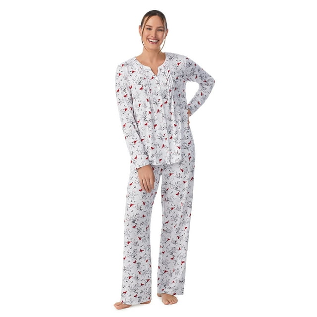Aria Brushed Jersey Knit Long Sleeve Split Neck Pajama Set with Pockets ...
