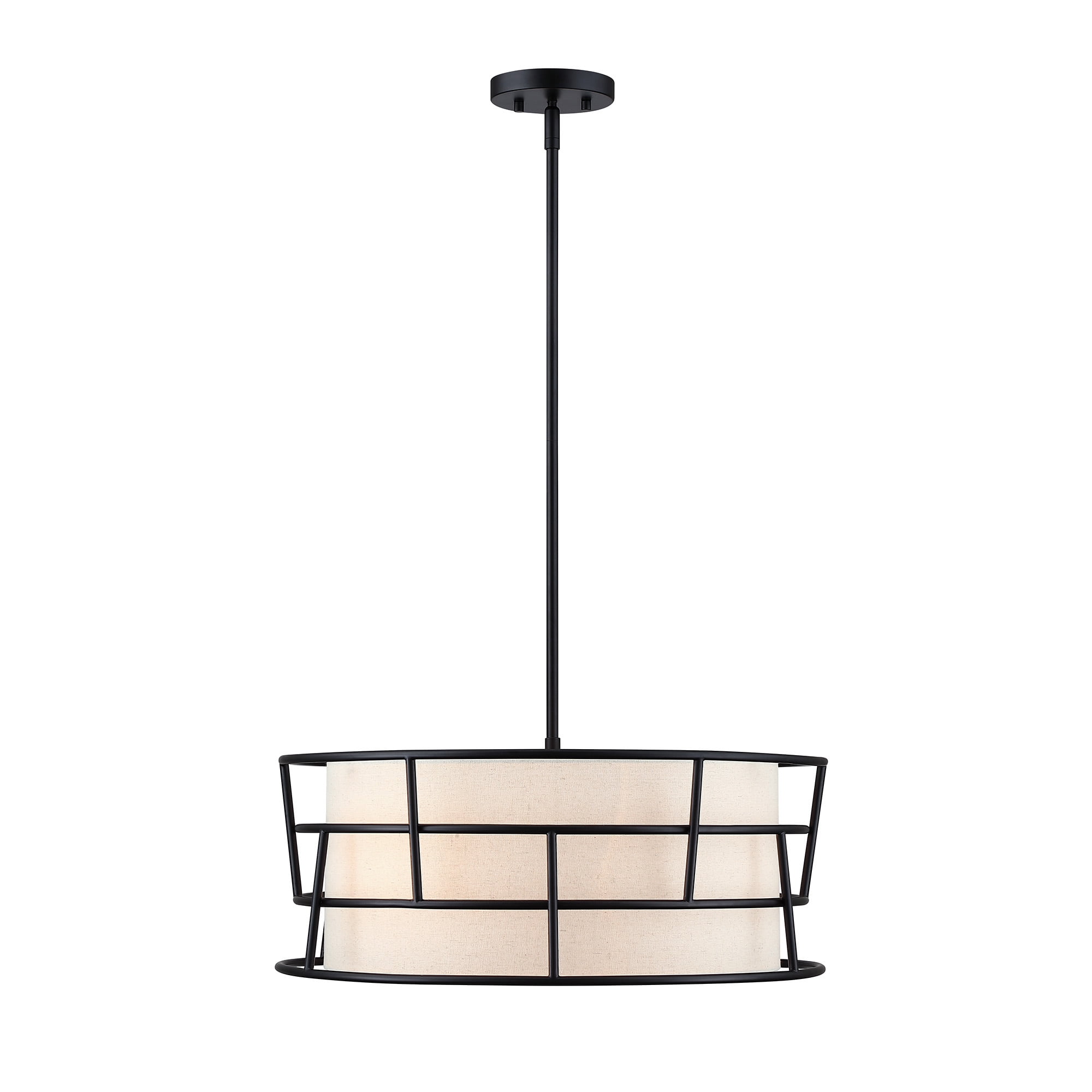 Aria Falls 60 Watt 3-Light Matte Black Drum Pendant with Fabric Shade ...