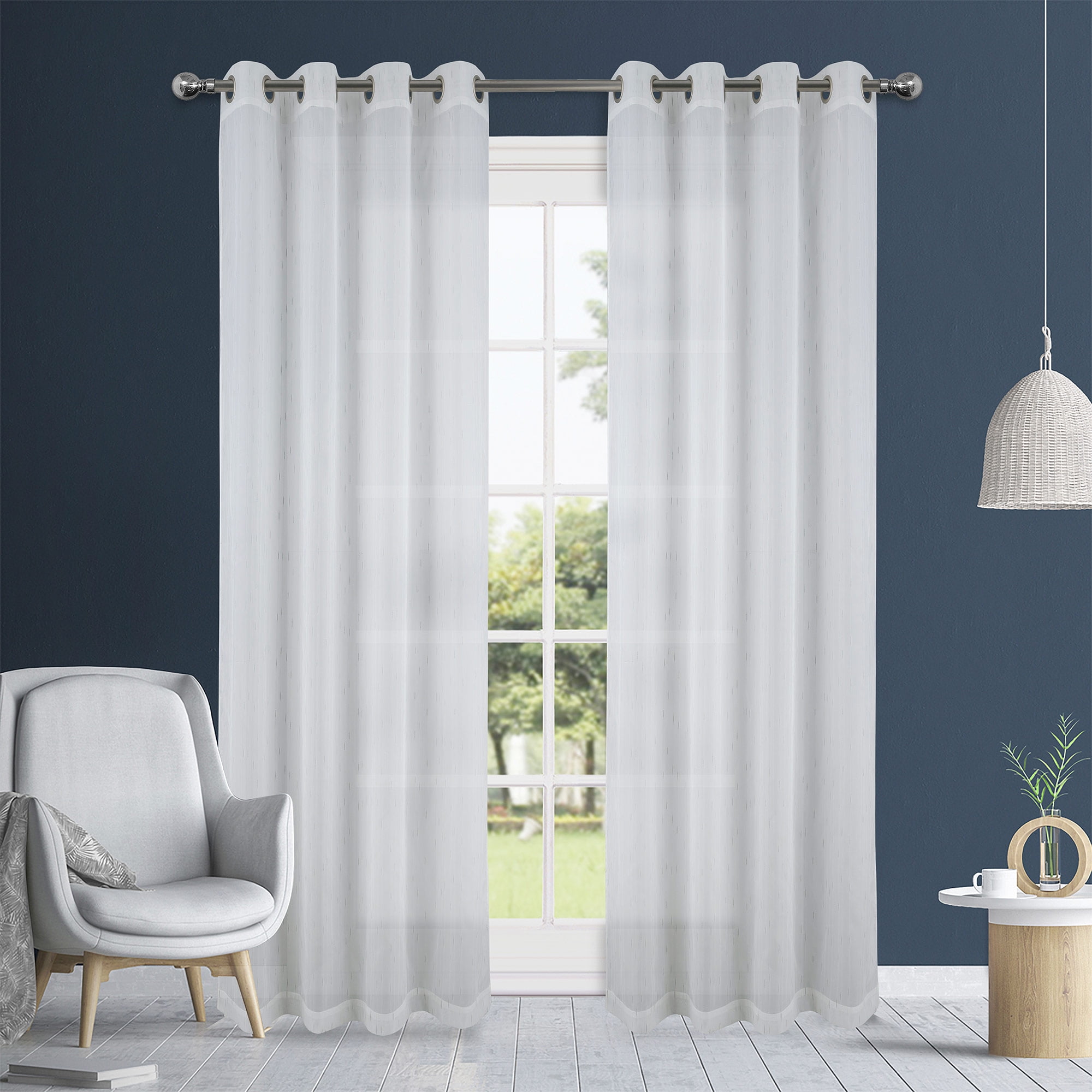 Aria Ikat Dash Rubber Metallic Sheer Grommet Window Panel, White-Silver ...