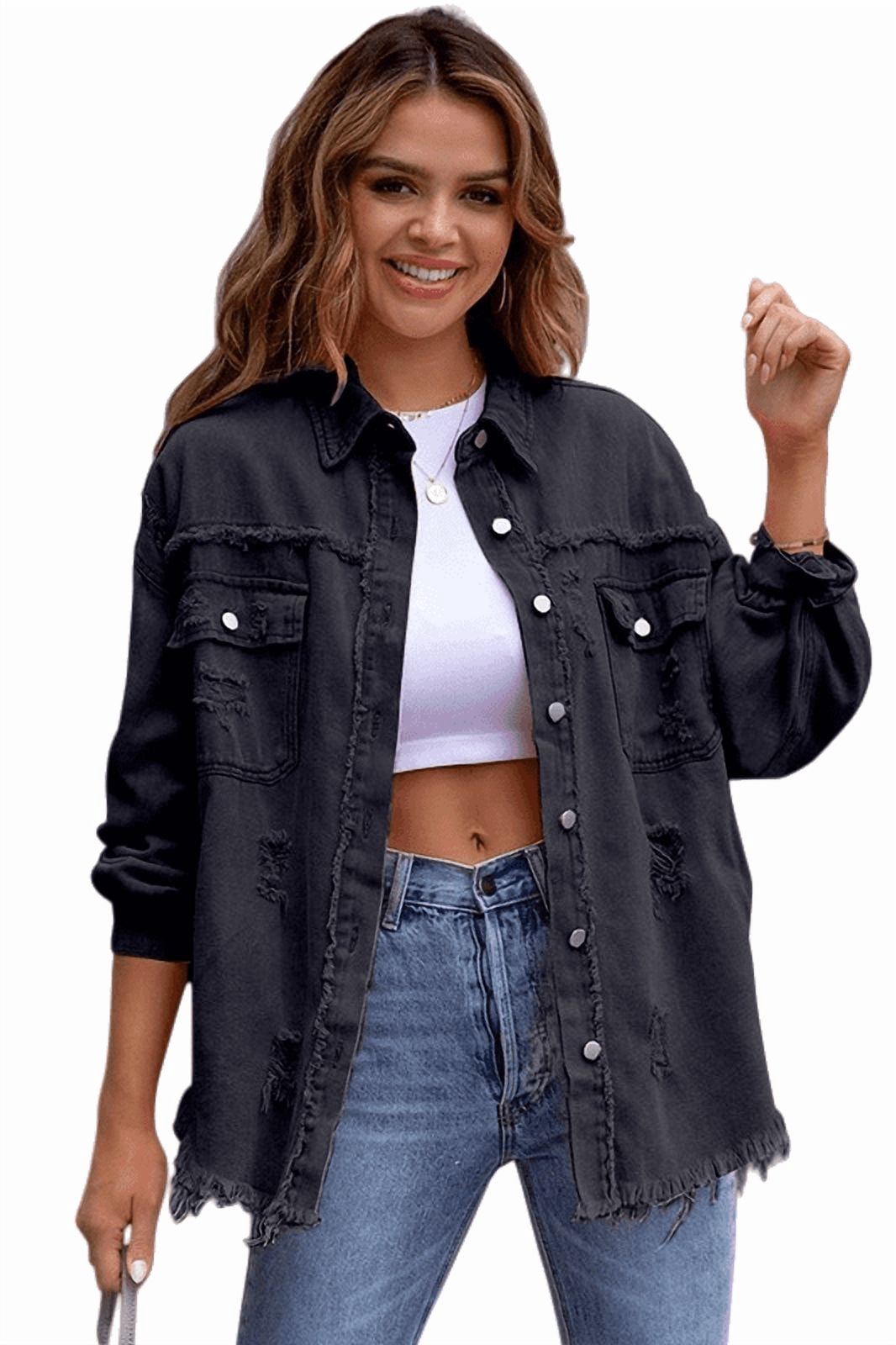 Aria Romance Women's Distressed Denim Jacket - Raw Edge Casual Jean ...