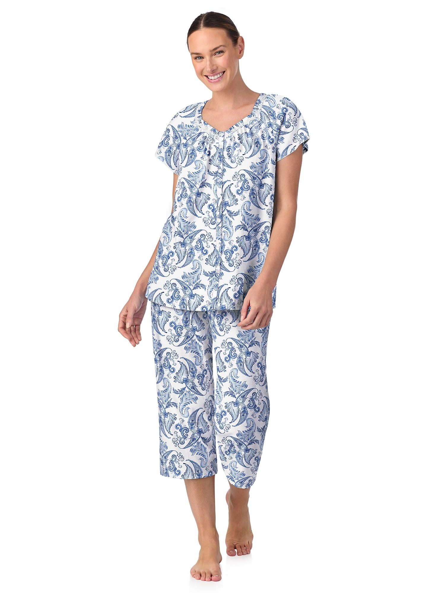 Aria Women's 100% Cotton Short Sleeve Cropped Pajama Set, XS-4X ...
