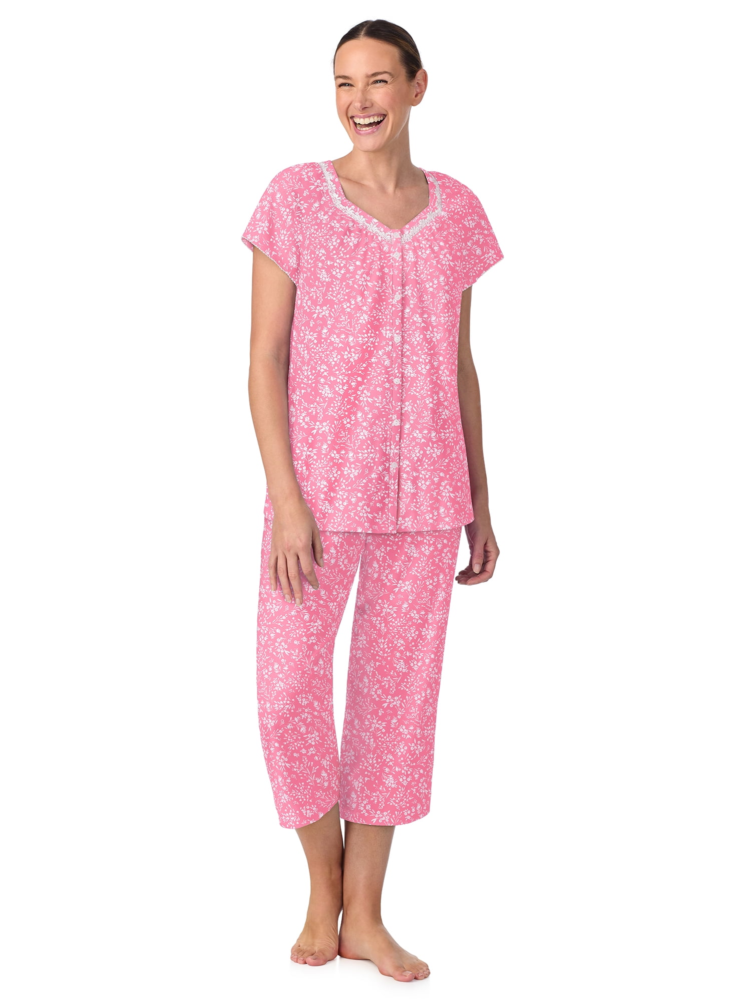 Aria Womenâ€™s Short Sleeve Cropped Pajama Set, 100% Cotton with ...