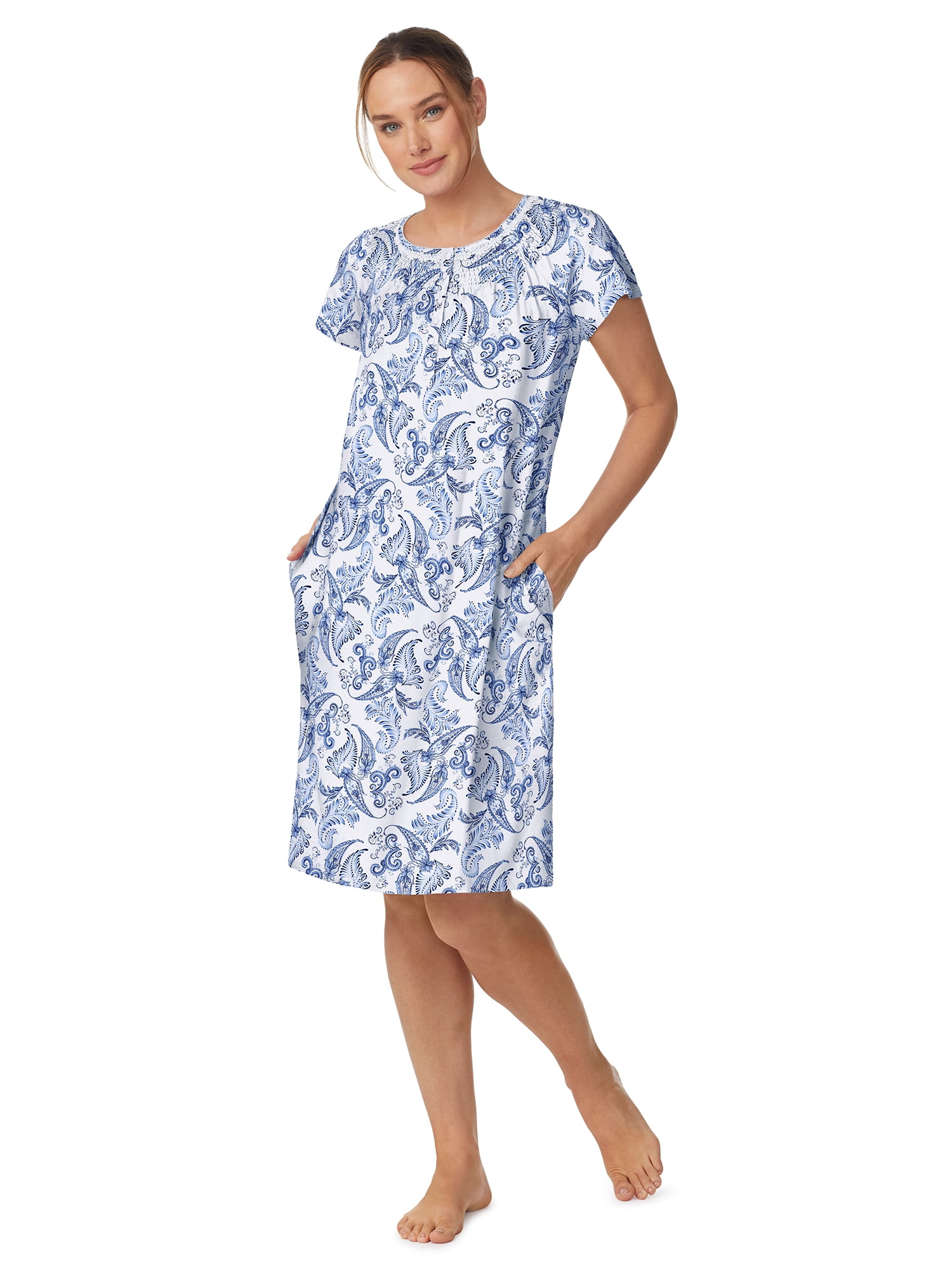 Aria Women's 100% Cotton Raglan Sleeve Smocked Neck 40" Sleepwear Gown ...