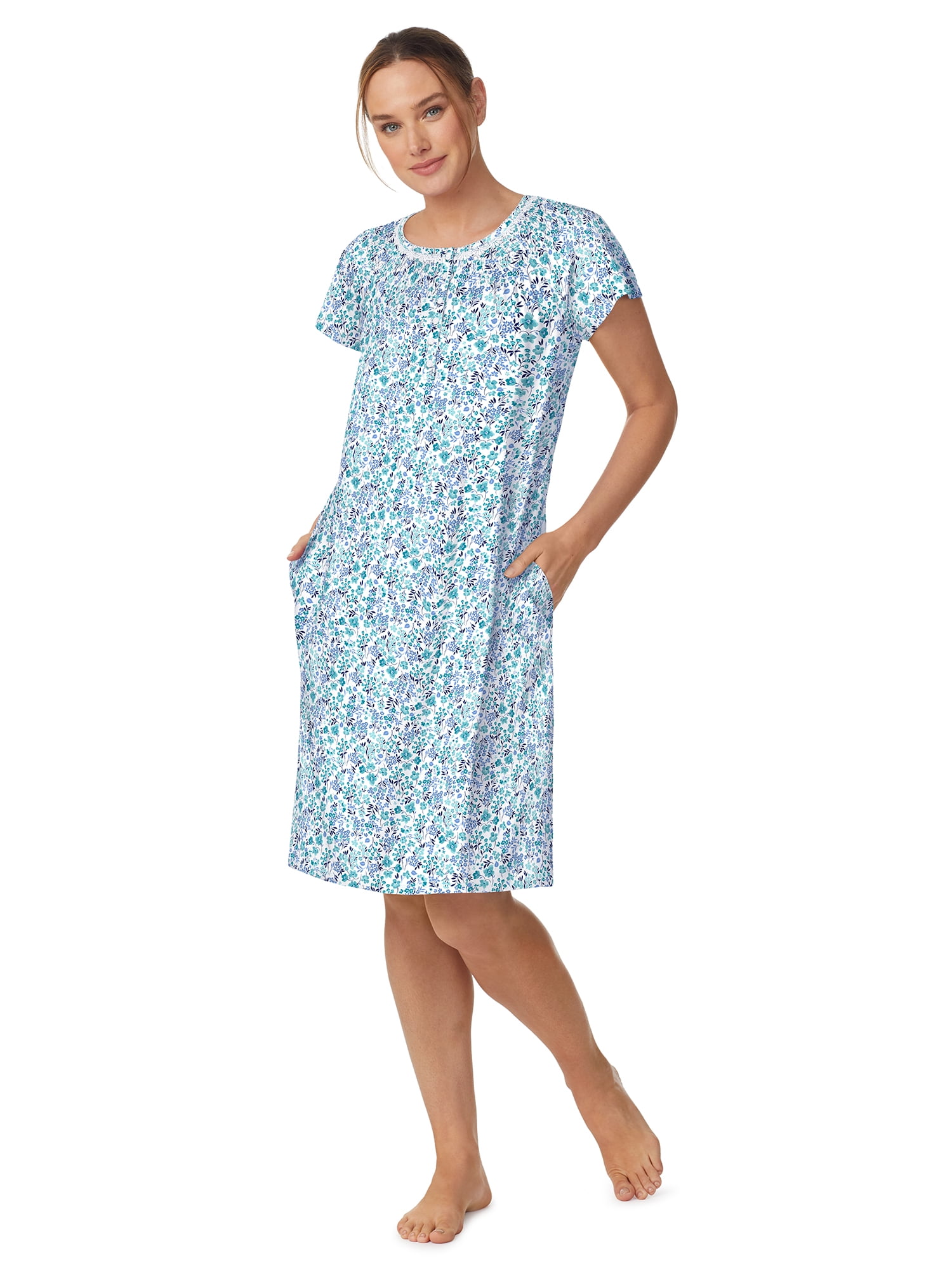 Aria Women's 100% Cotton Raglan Sleeve Smocked Neck 40" Sleepwear Gown ...