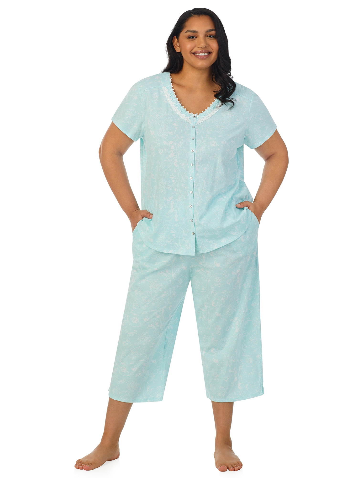 Aria Women’s 100% Cotton Short Sleeve V-Neck Capri Pajama Set, Sizes XS ...