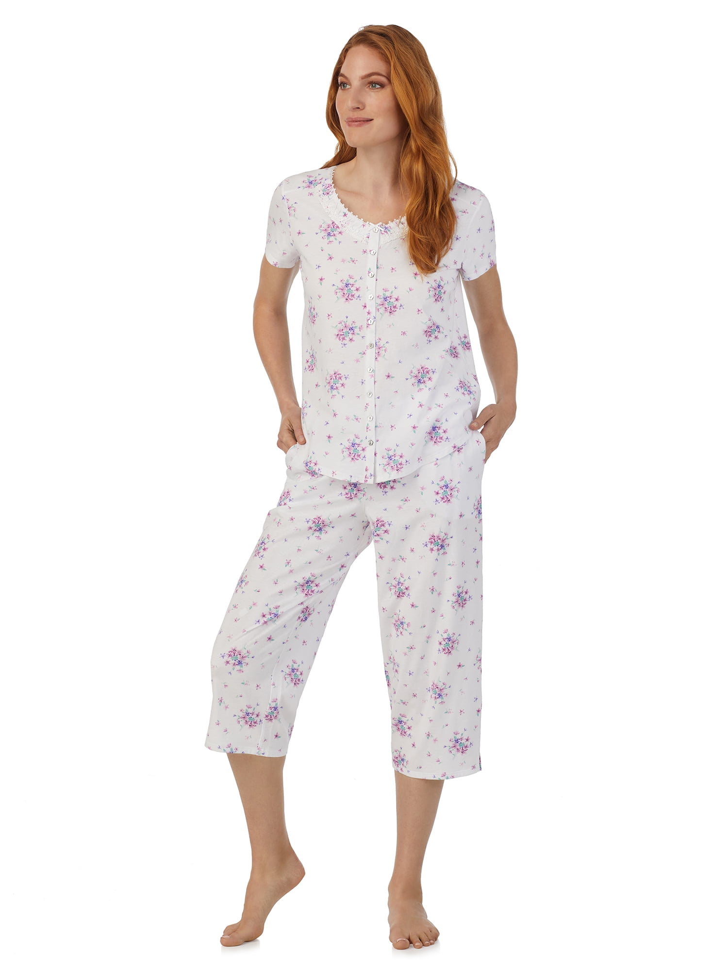 Aria Women’s 100% Cotton Short Sleeve V-Neck Capri Pajama Set, Sizes XS ...