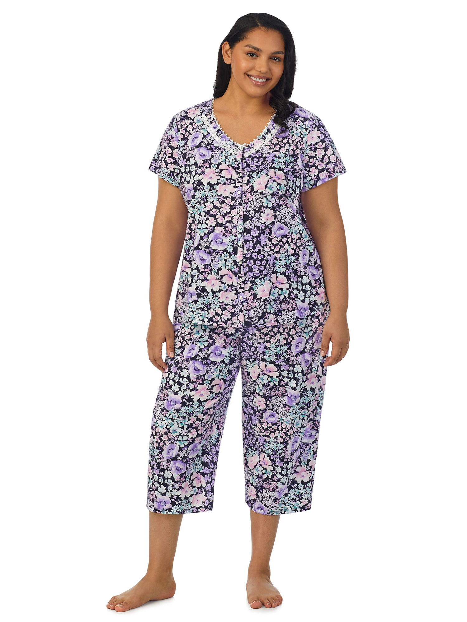 Aria Women’s 100% Cotton Short Sleeve V-Neck Capri Pajama Set, Sizes XS ...