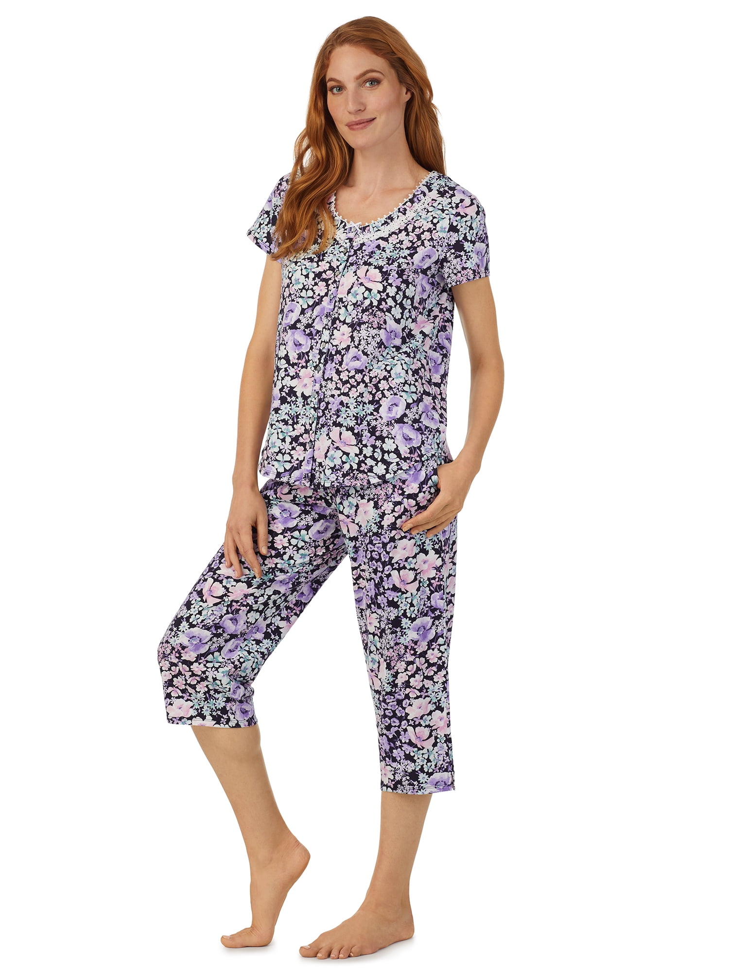 Aria Women’s 100% Cotton Short Sleeve V-Neck Capri Pajama Set, Sizes XS-4X - Walmart.com