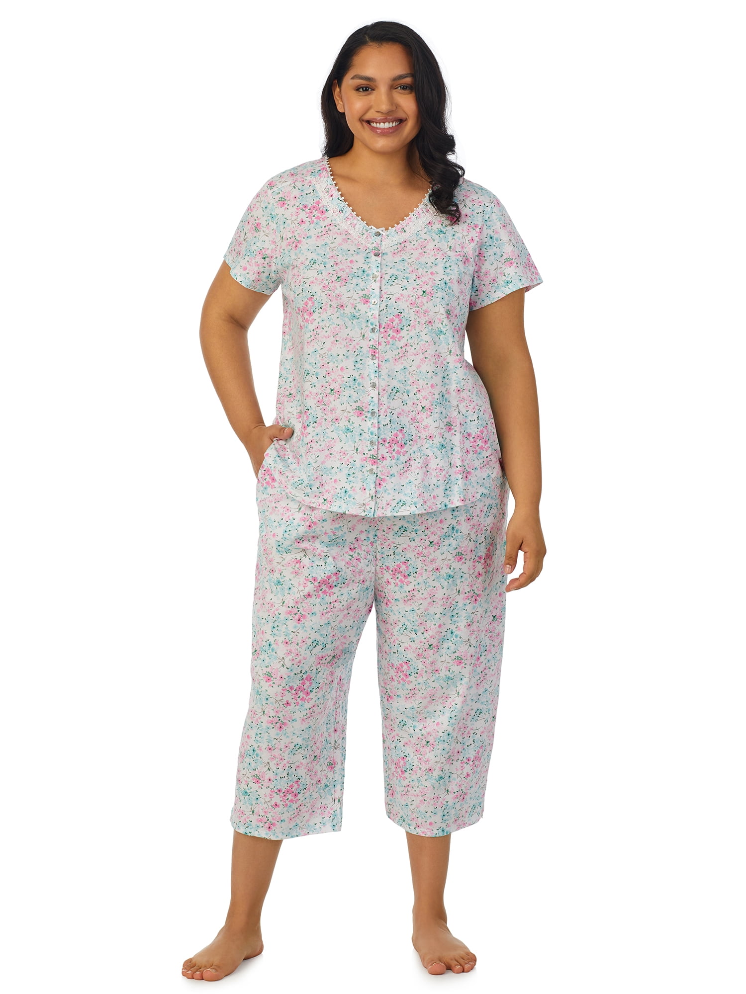 Aria Women’s 100% Cotton Short Sleeve V-Neck Capri Pajama Set, Sizes XS ...