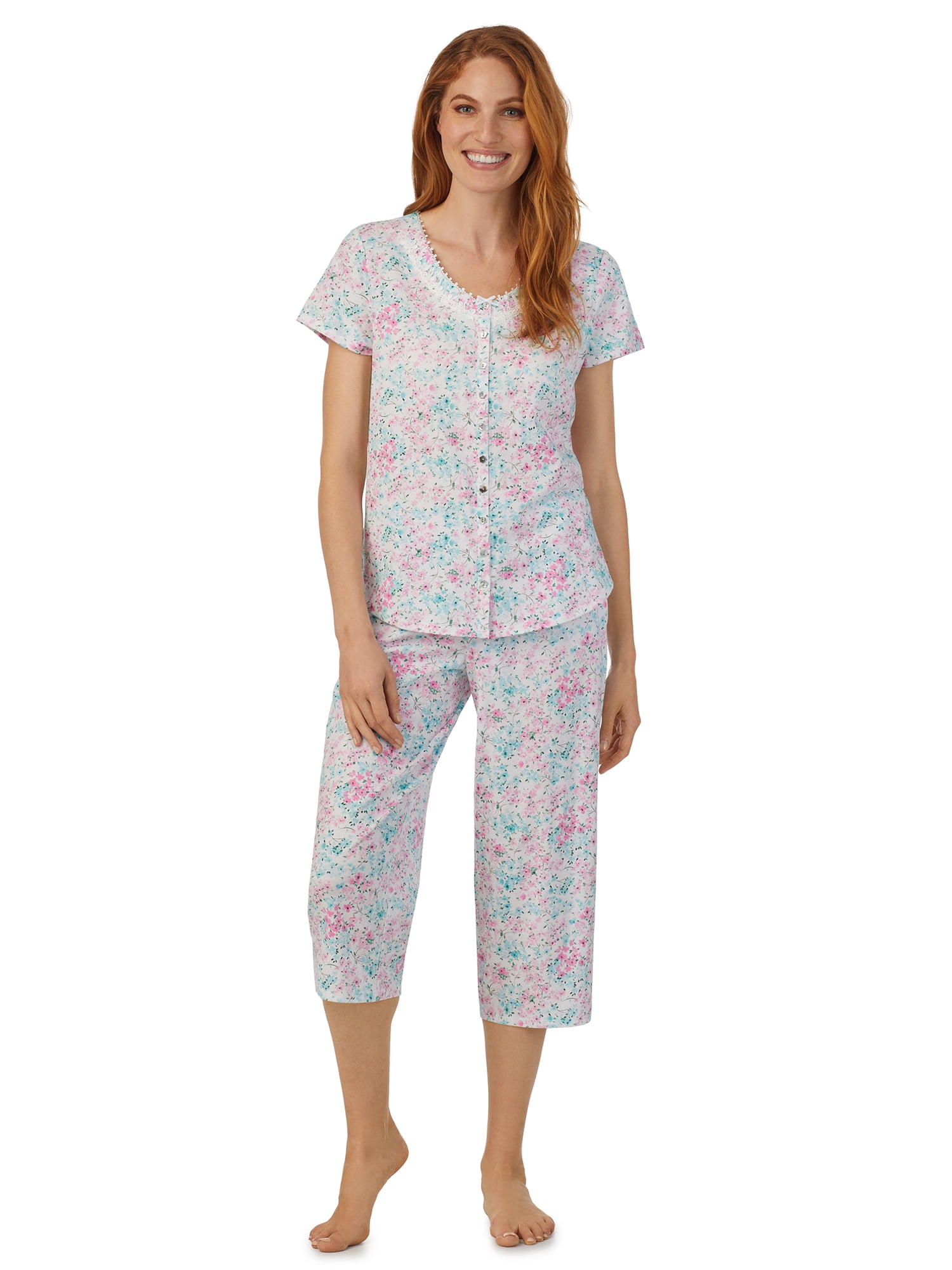 Aria Women’s 100% Cotton Short Sleeve V-Neck Capri Pajama Set, Sizes XS ...