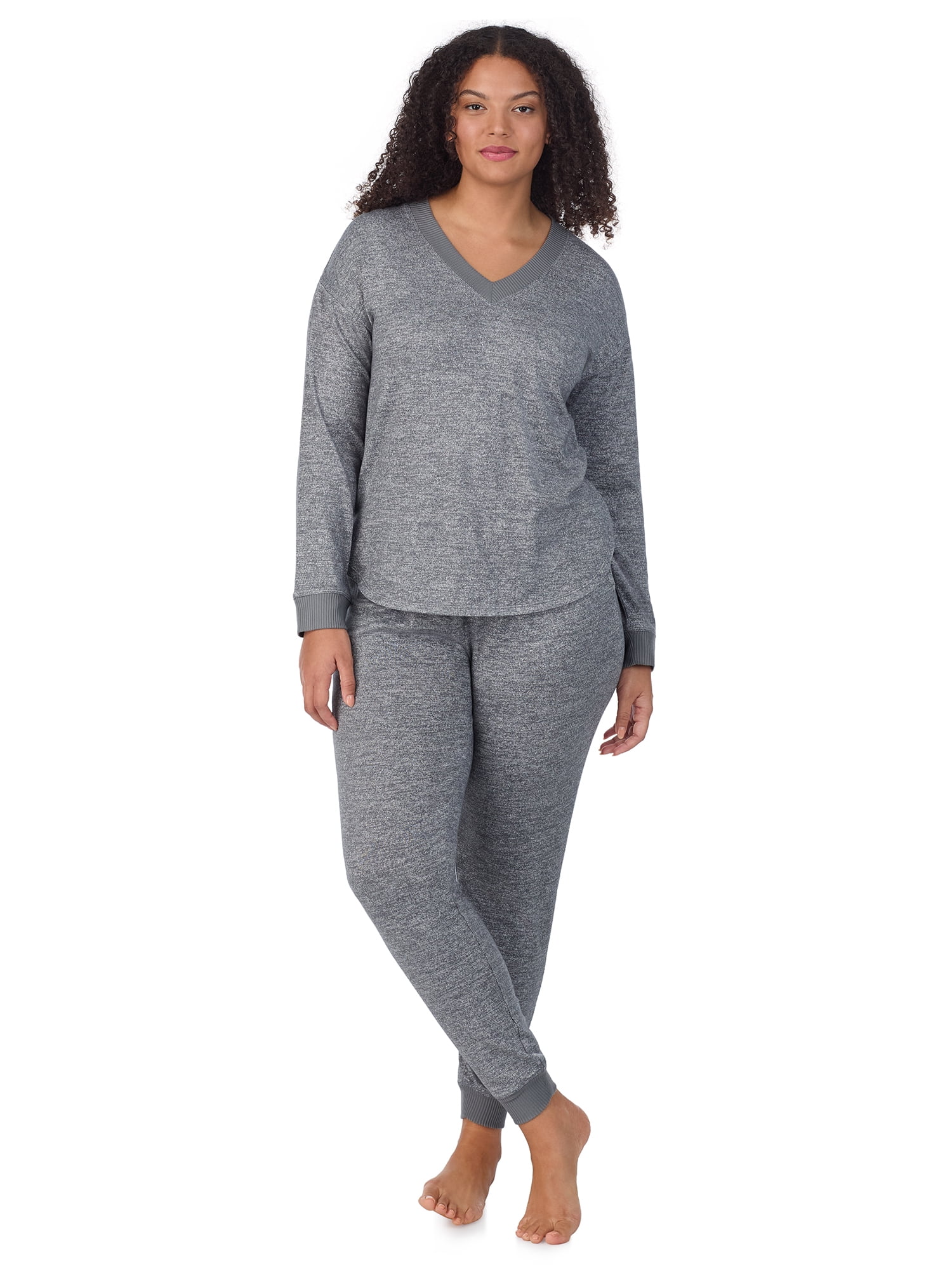 Aria Women’s Brushed Jersey V-Neck Long Sleeve and Jogger 2pc Sleepwear ...