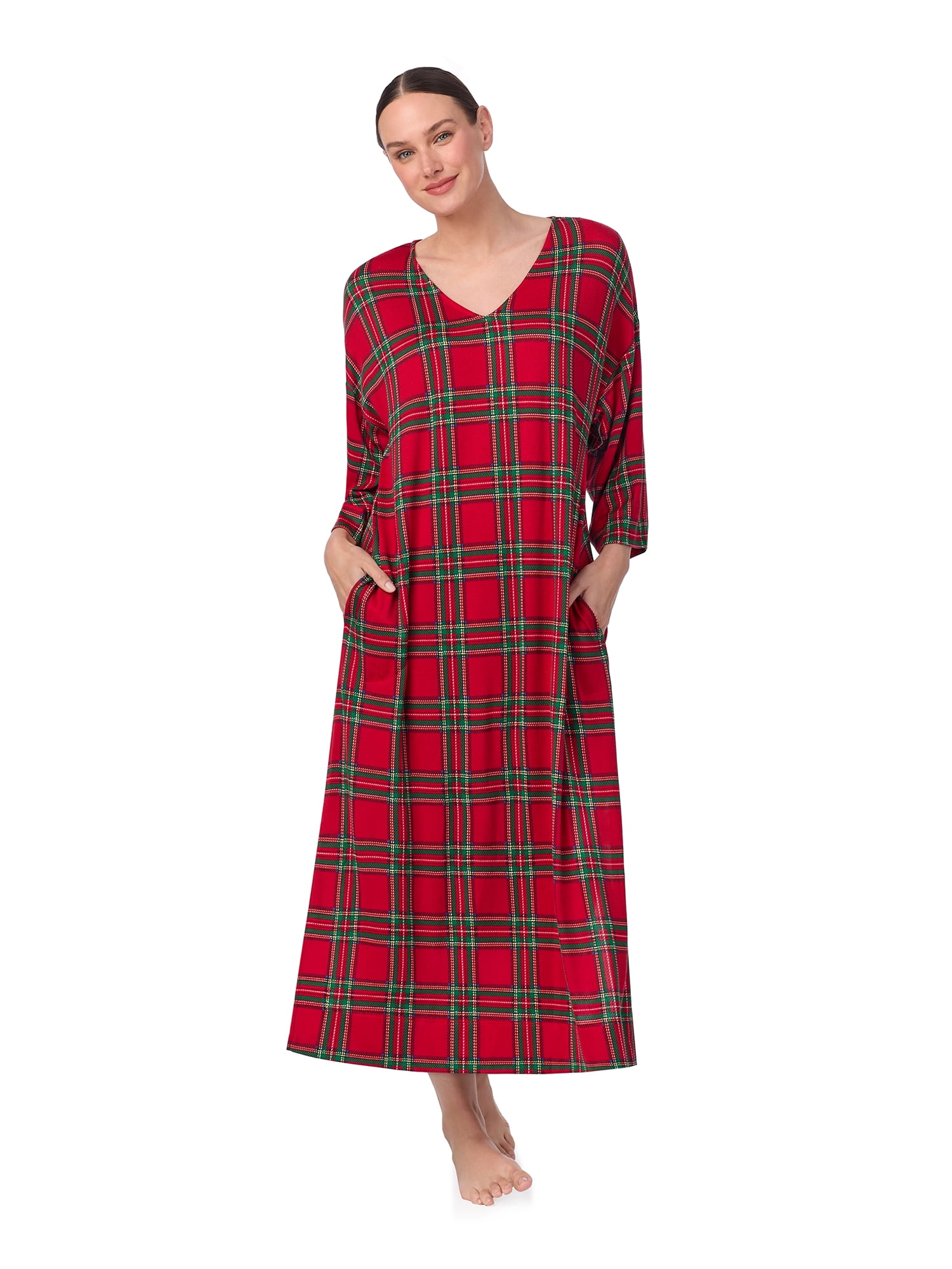 Aria Women's Brushed Knit 3/4 Sleeve V-Neck Lounger Nightgown with ...