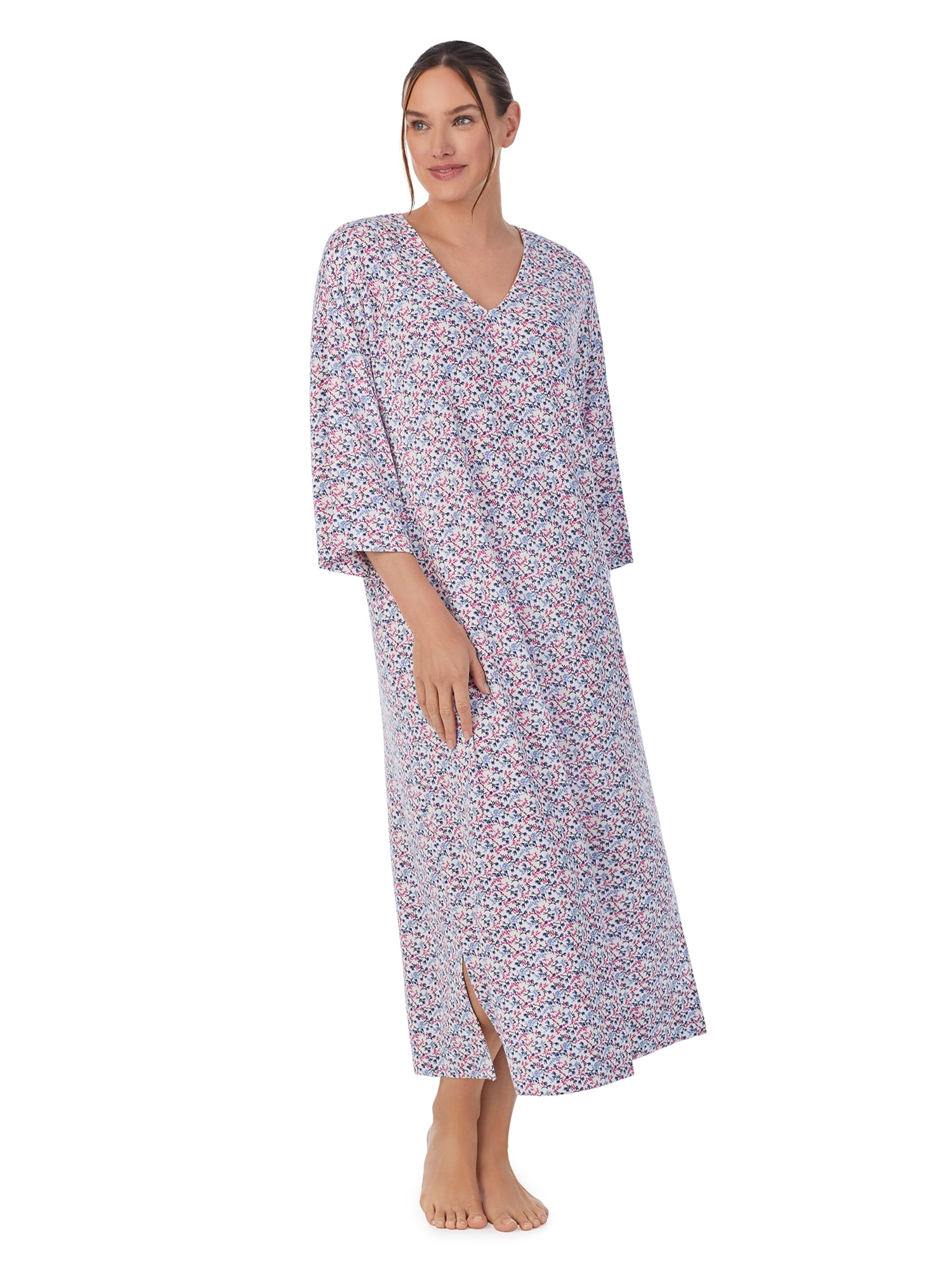 Aria Women's Sweater Knit 3/4 Sleeve V-Neck Lounger Nightgown with ...