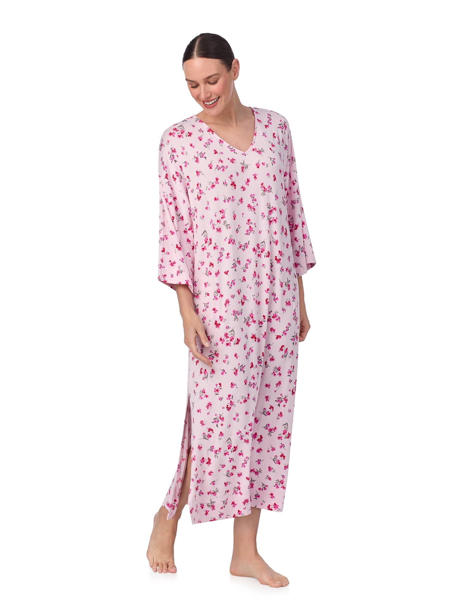 Aria Women's Brushed Knit 3/4 Sleeve V-Neck Lounger Nightgown with ...