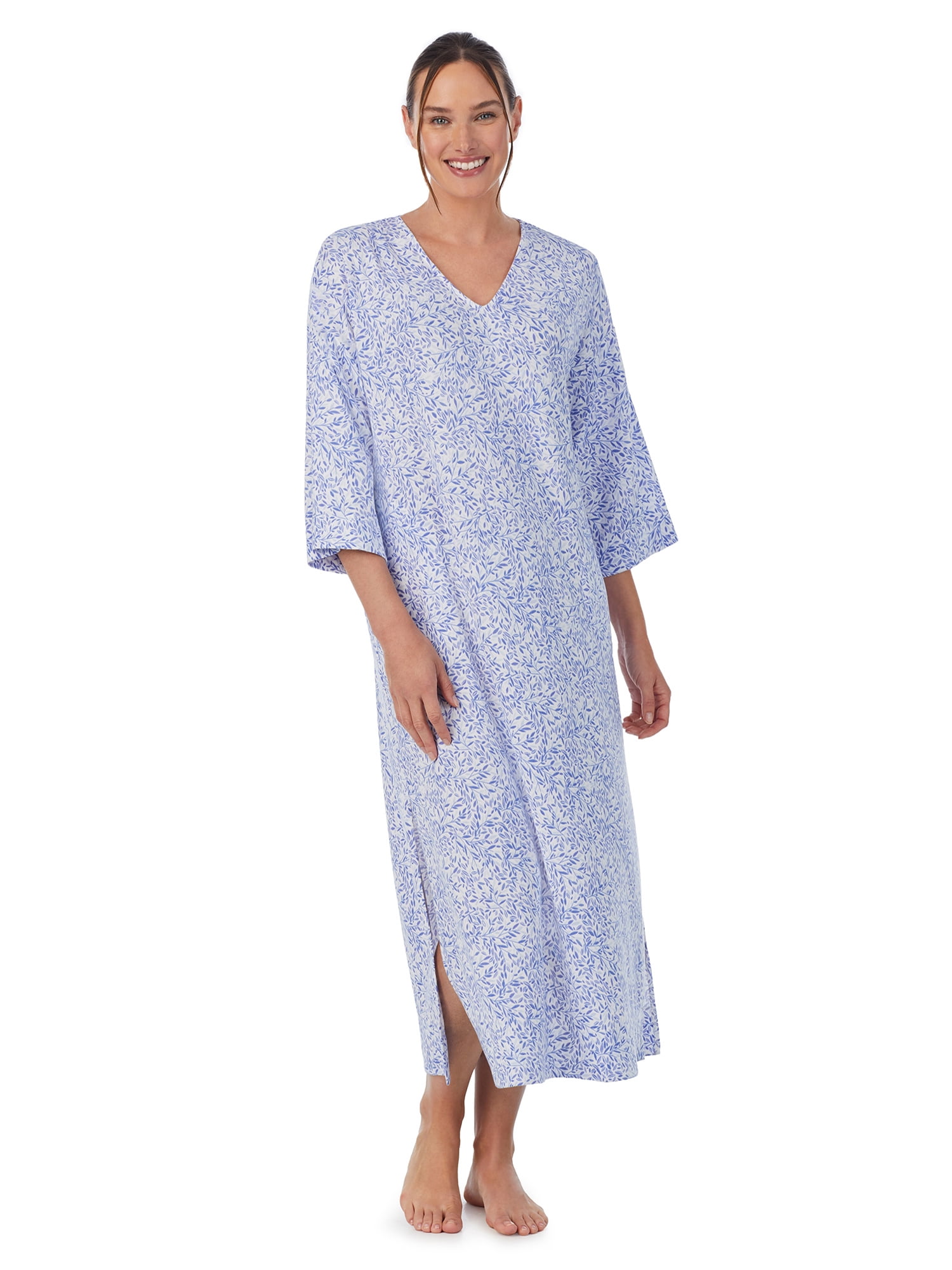 Aria Women's Sweater Knit 3/4 Sleeve V-Neck Lounger Nightgown with ...