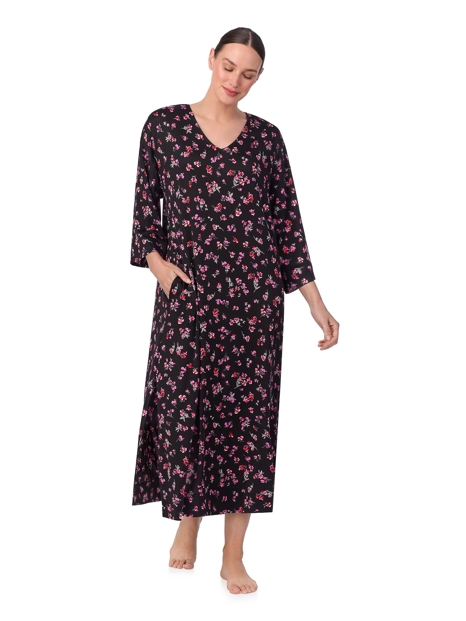 Aria Women's Brushed Knit 3/4 Sleeve V-Neck Lounger Nightgown with ...