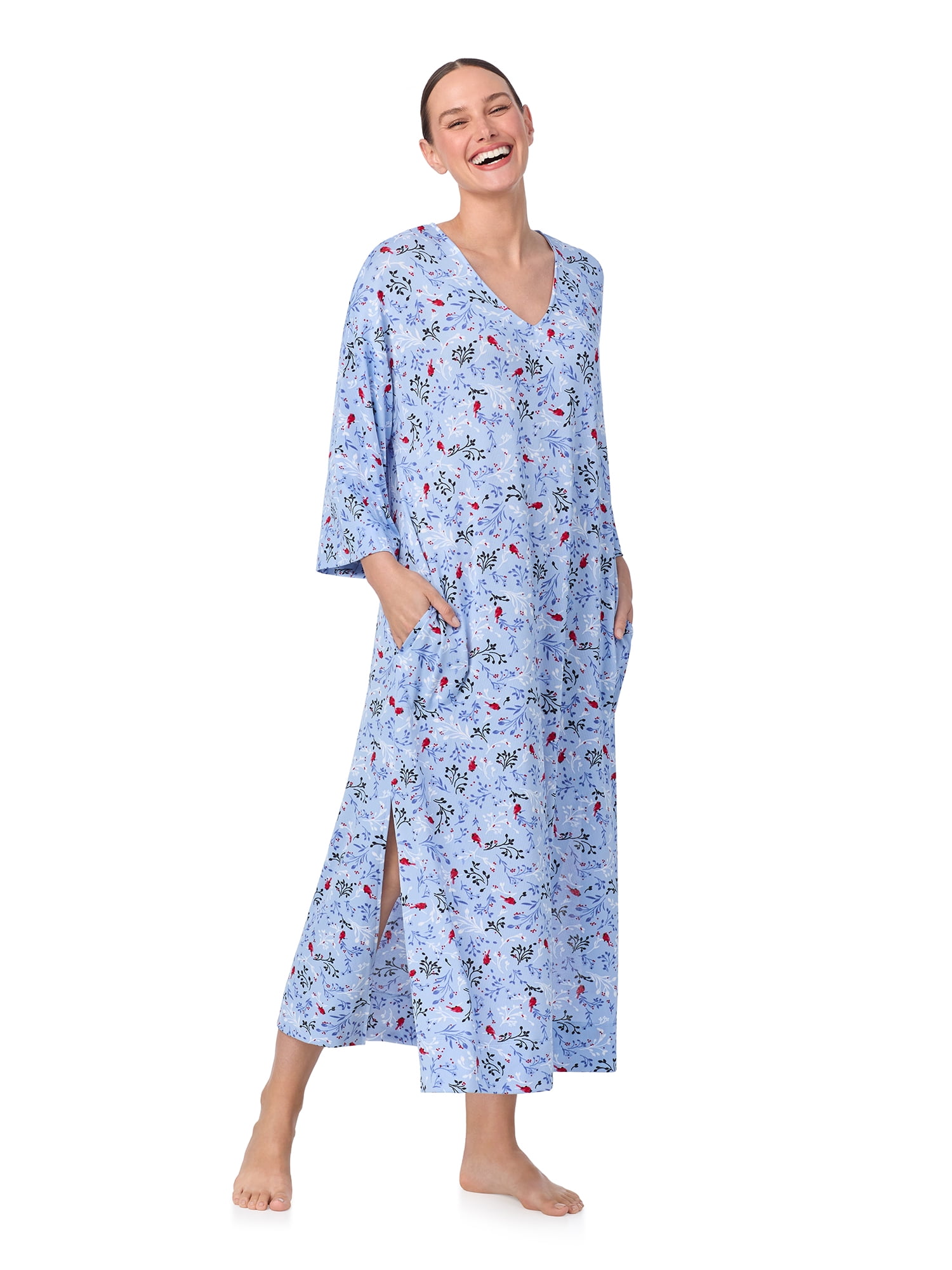 Aria Women's Brushed Knit 3/4 Sleeve V-Neck Lounger Nightgown with ...