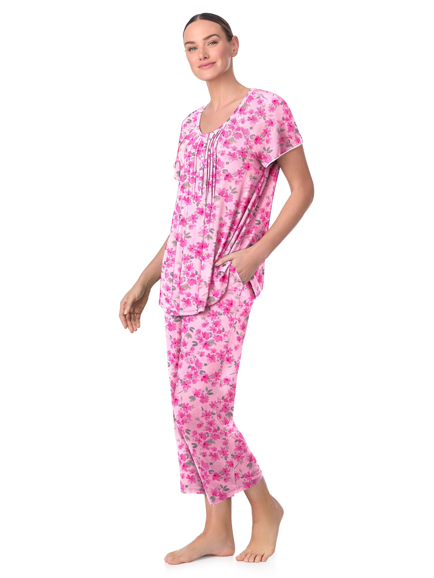 Aria Women’s Knit Flutter Sleeve Scoop Neck Henley Top and Cropped Pant ...