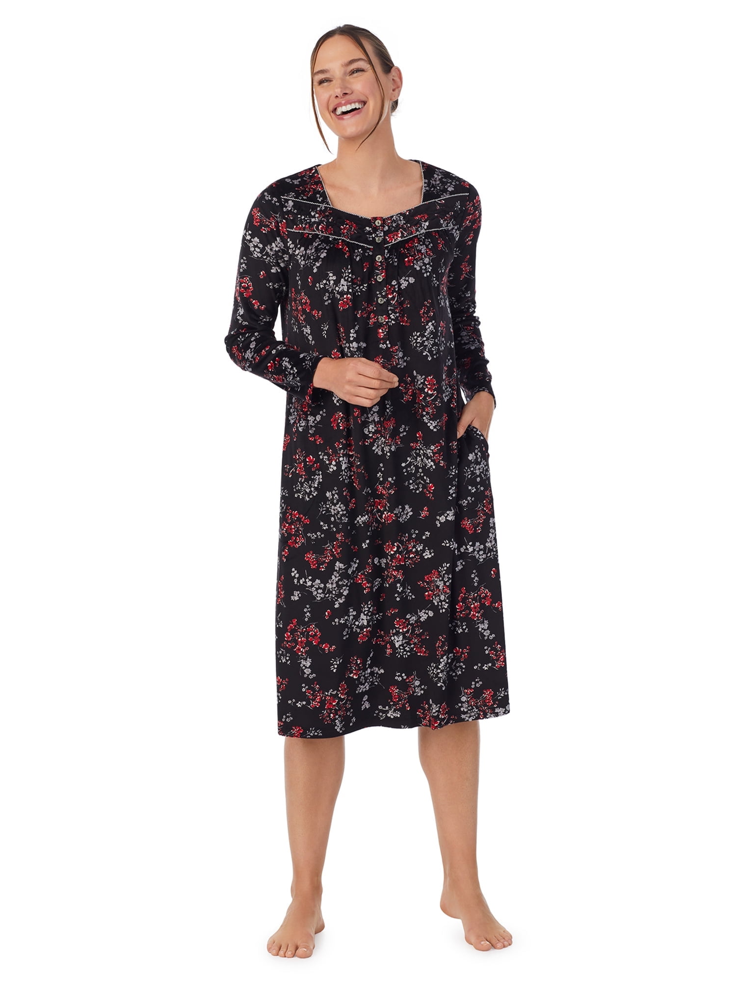 Aria Women's Knit Velour Long Sleeve Square Neck Nightgown with Pockets ...