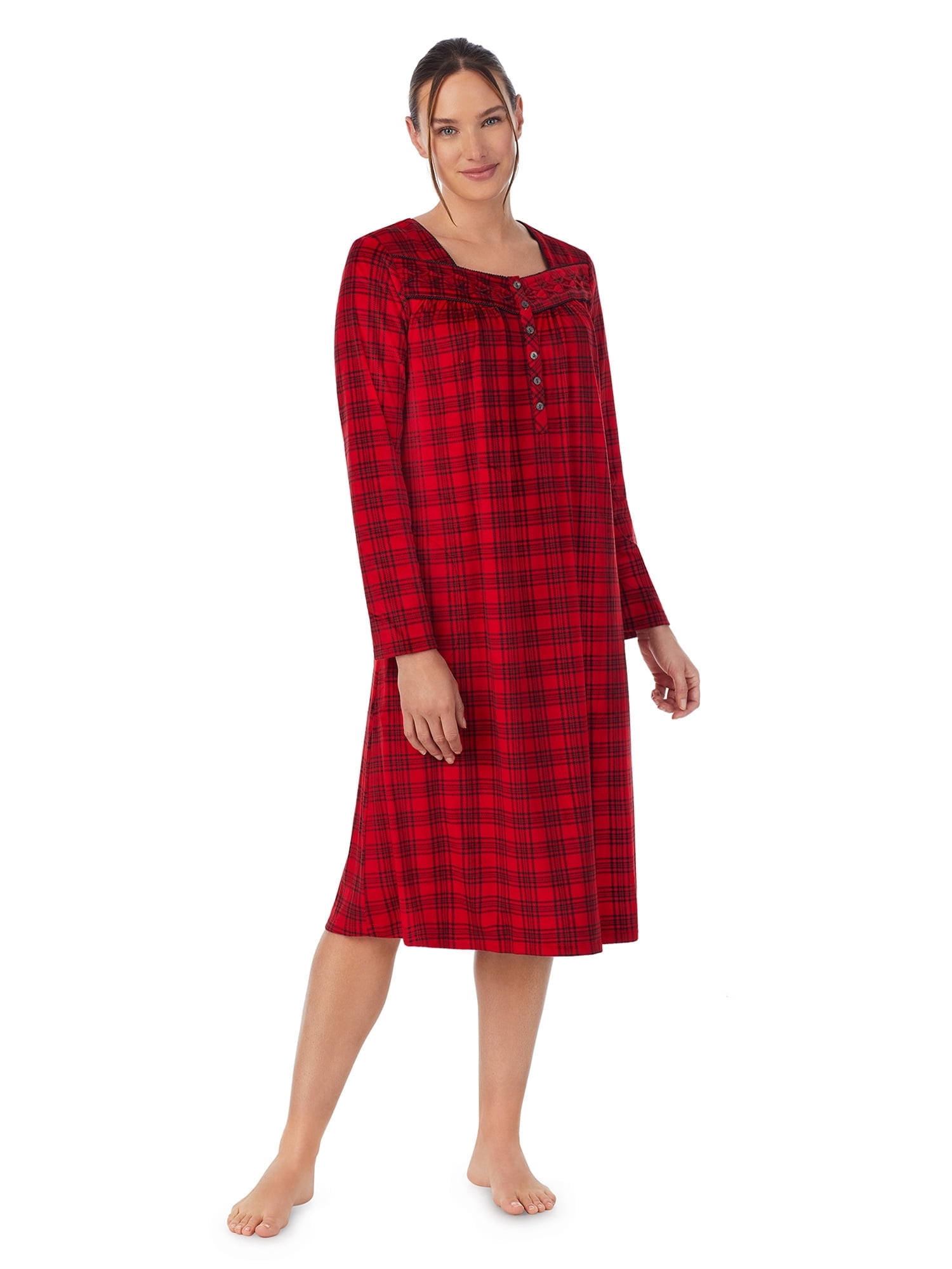 Aria Women's Knit Velour Long Sleeve Square Neck Nightgown with Pockets ...