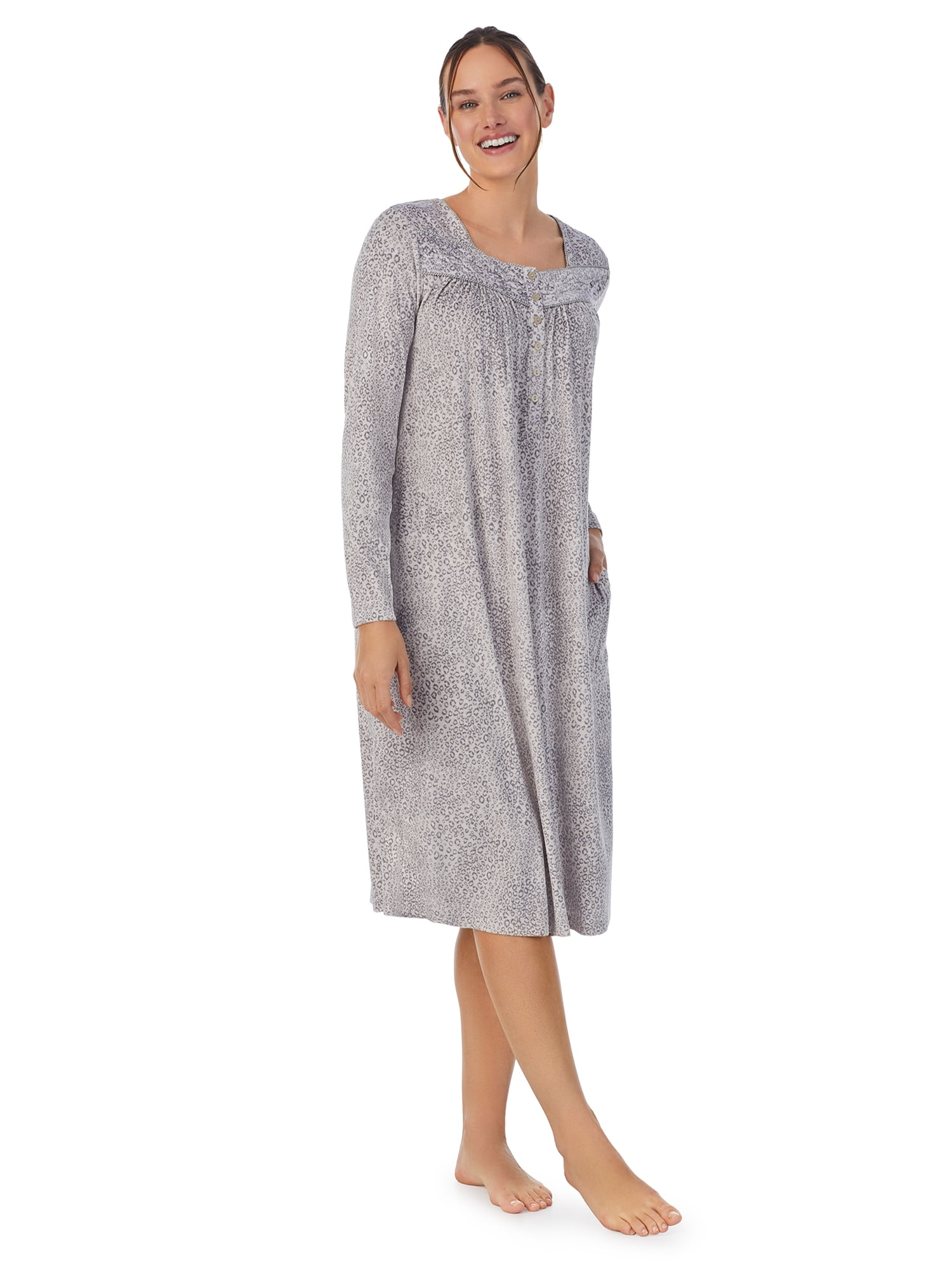Aria Women’s Knit Velour Long Sleeve Square Neck Nightgown with Pockets ...