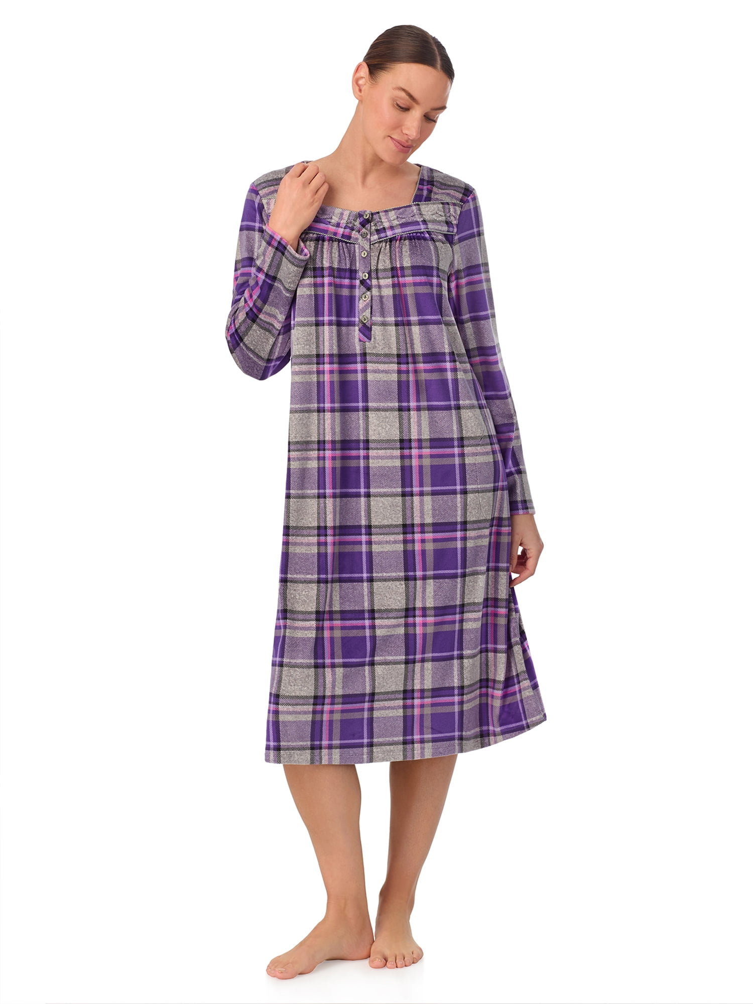 Aria Women’s Knit Velour Long Sleeve Square Neck Nightgown with Pockets ...