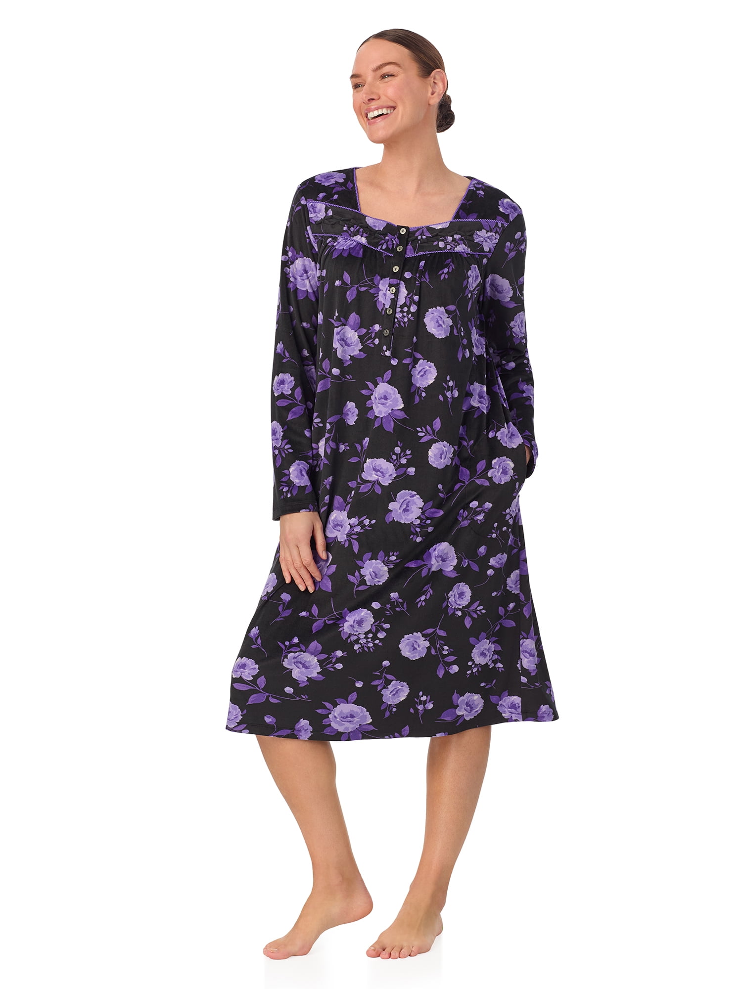 Aria Women’s Knit Velour Long Sleeve Square Neck Nightgown with Pockets ...