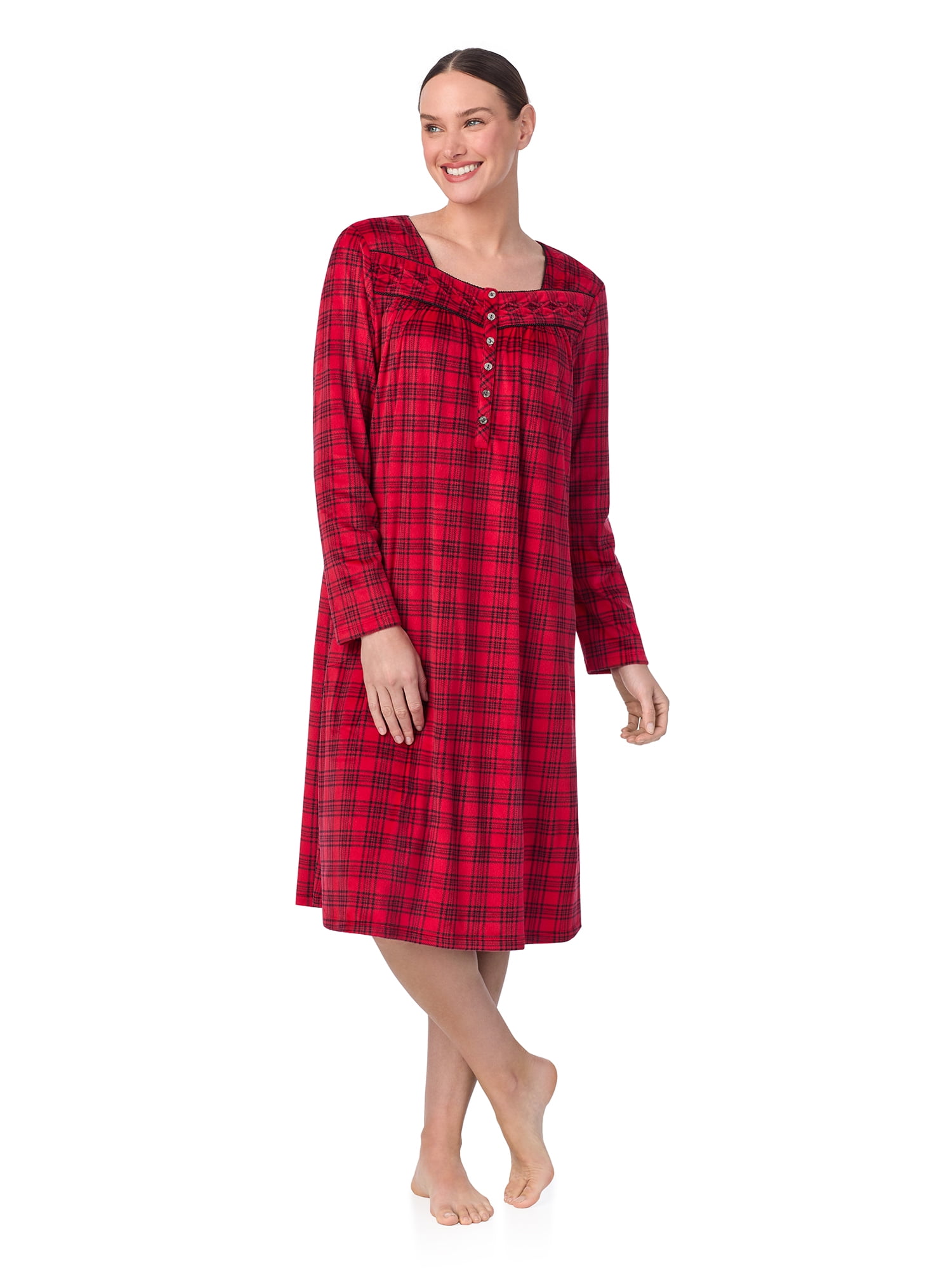 Aria Women’s Knit Velour Long Sleeve Square Neck Nightgown with Pockets ...
